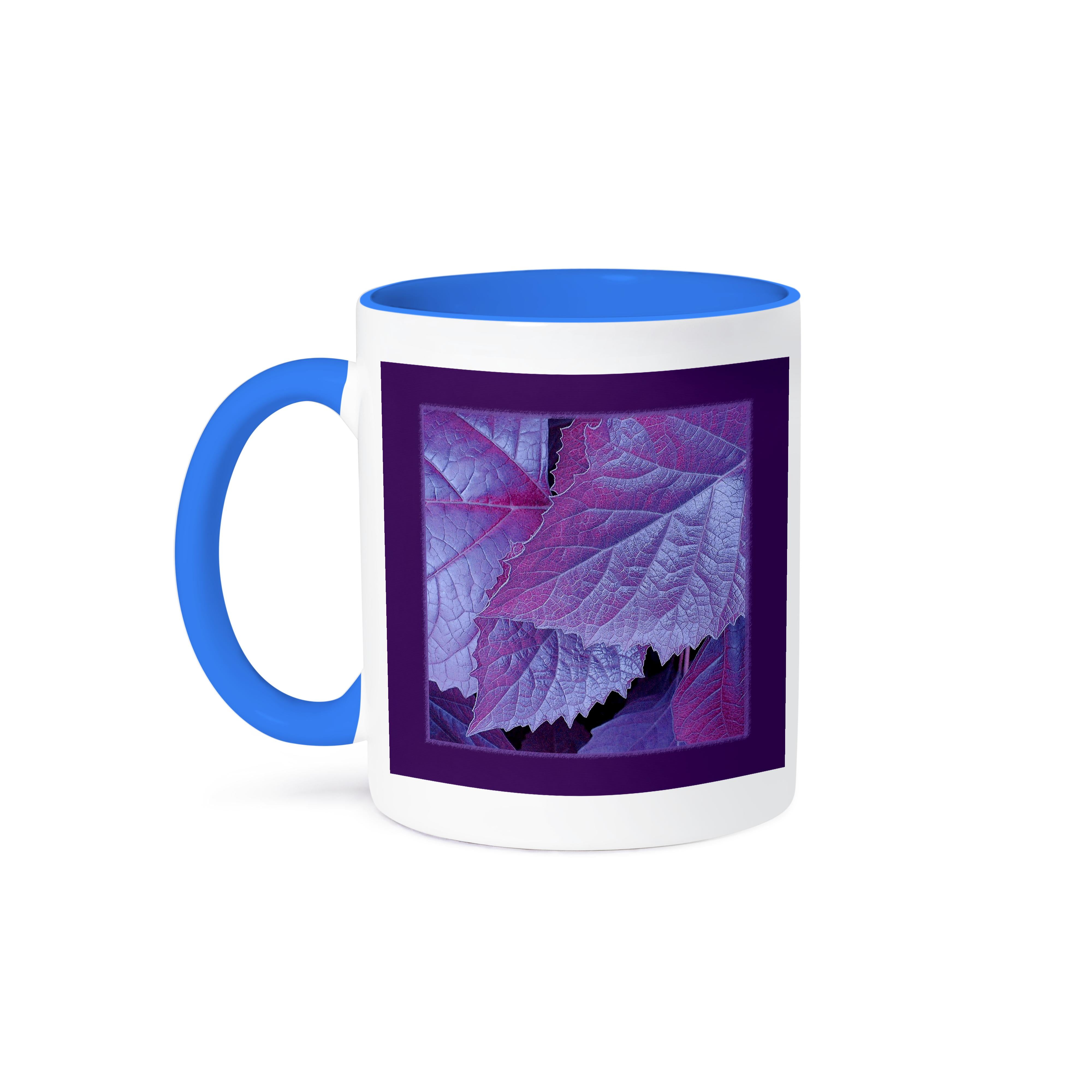 3dRose, Purple and pink metallic leaves with royal purple frame, 11oz Two-Tone Blue Mug ...