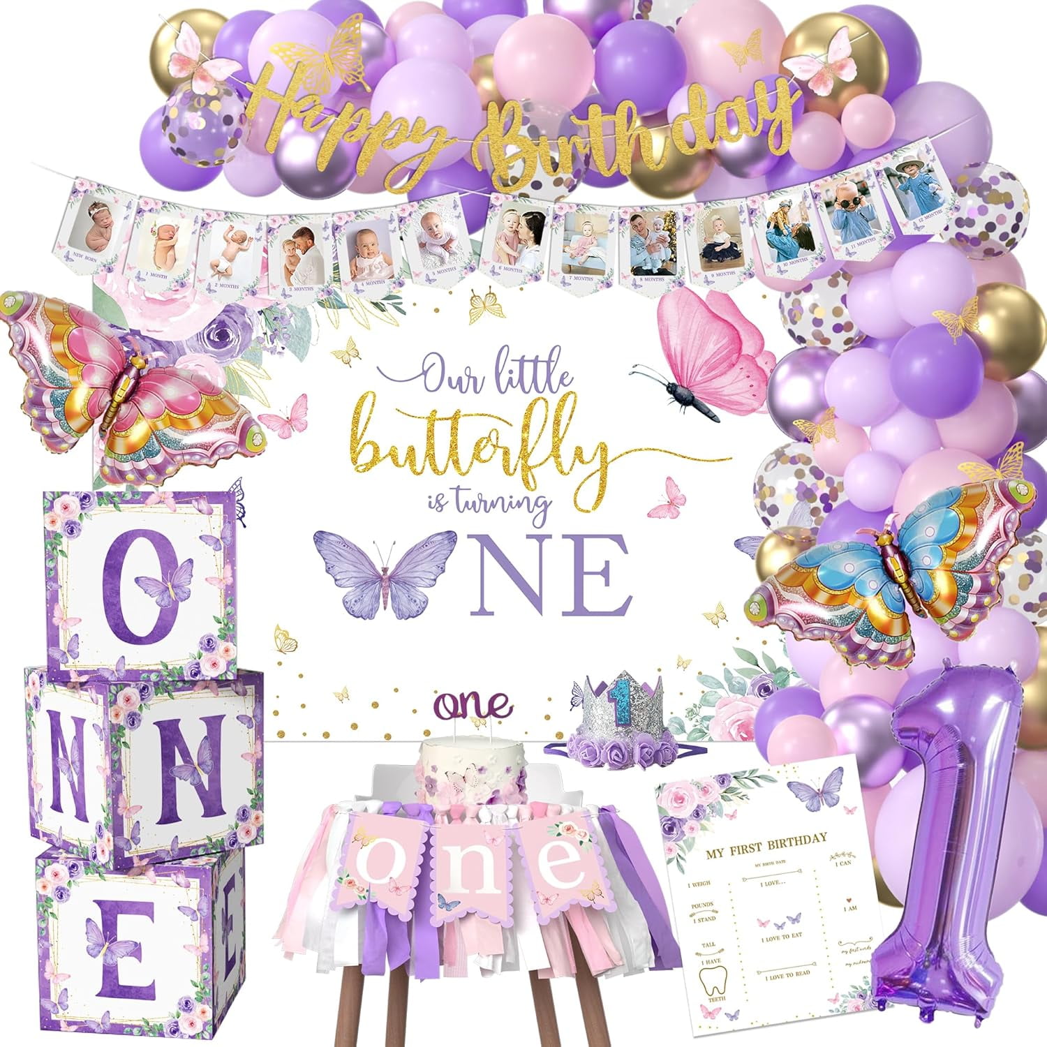 Purple butterfly themed one-year birthday party decoration set, including balloons, photo ...