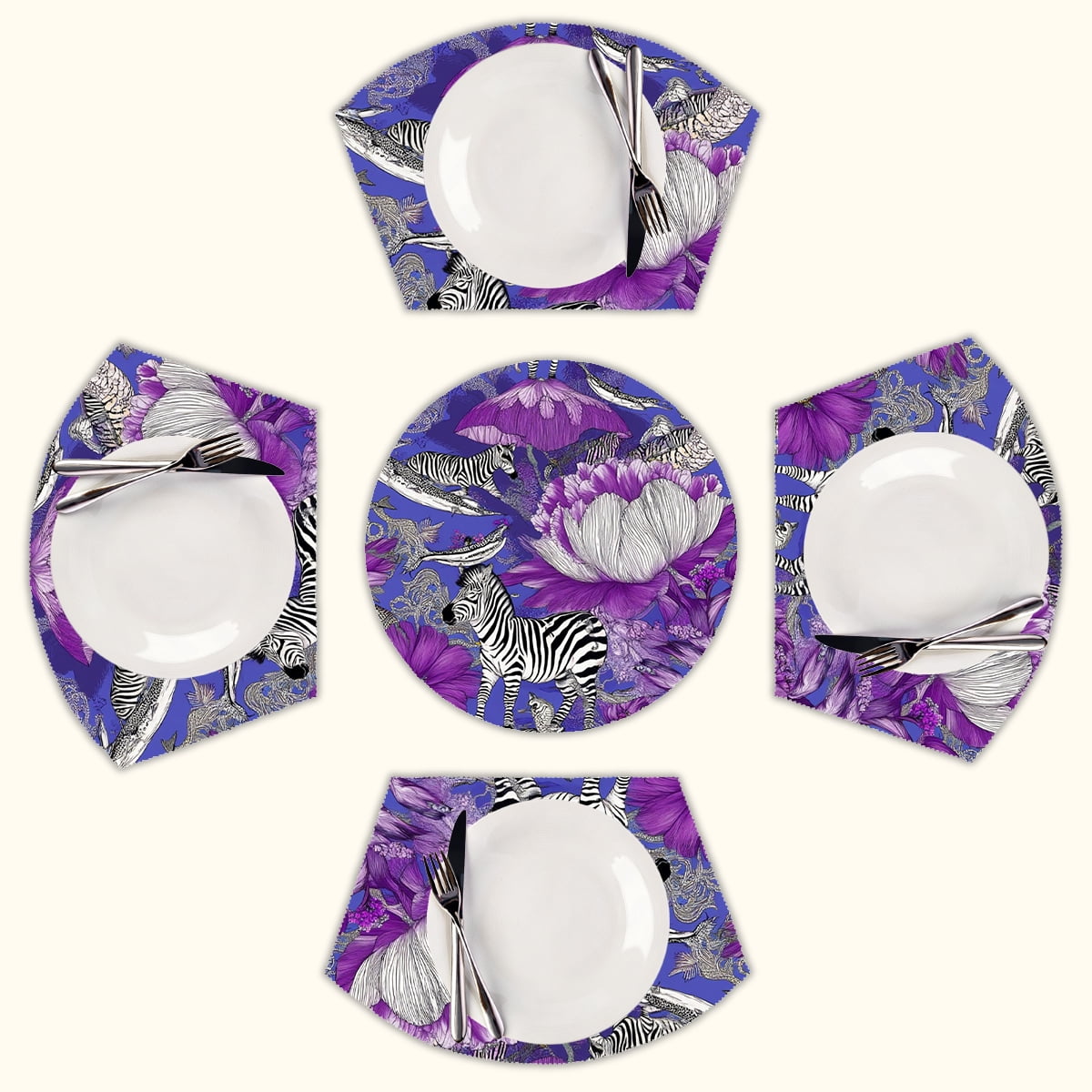 Purple flowers zebras underwater scene Round Table Placemats Set Of 5 ...