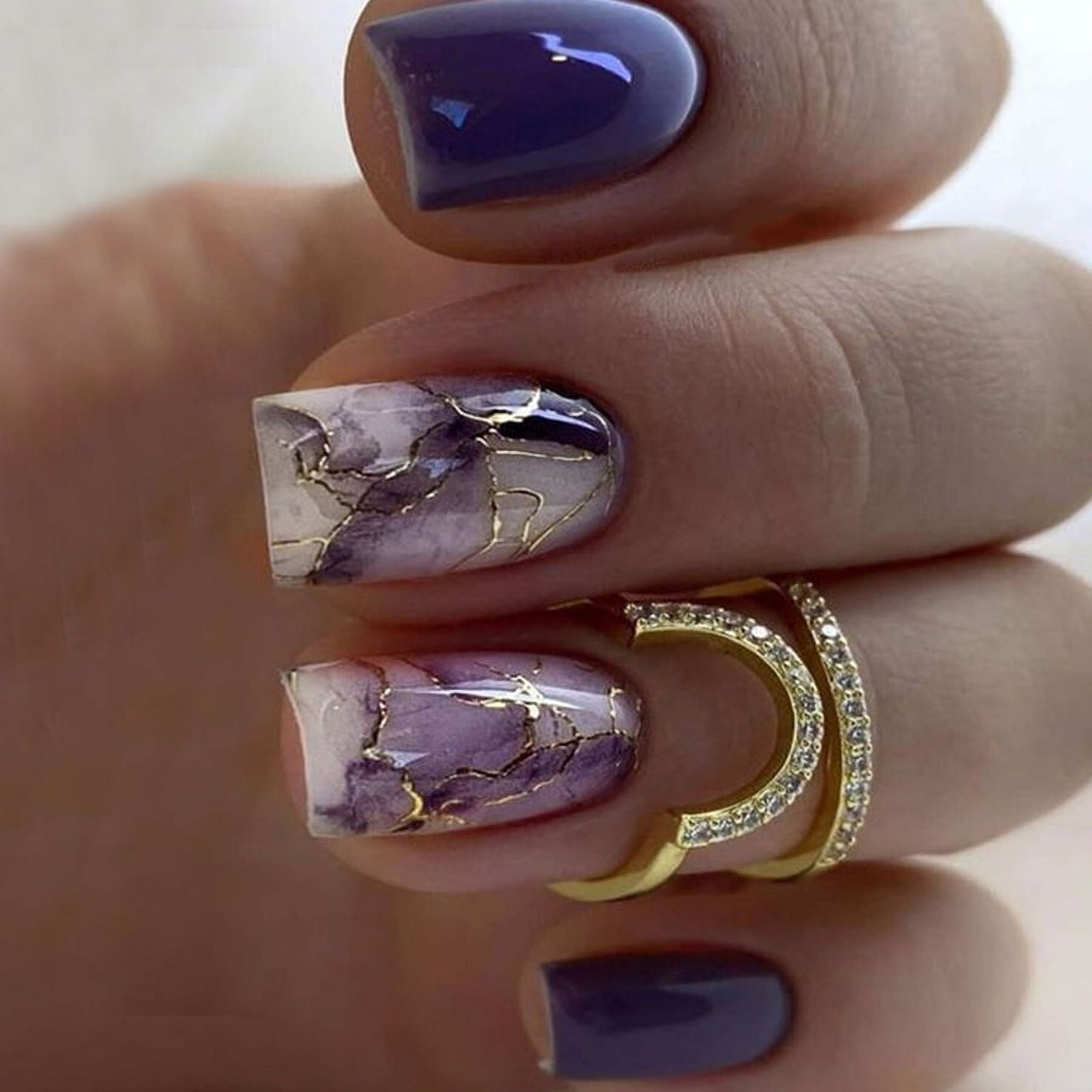 Purple gold marble pattern fake nails European square nail patches ...