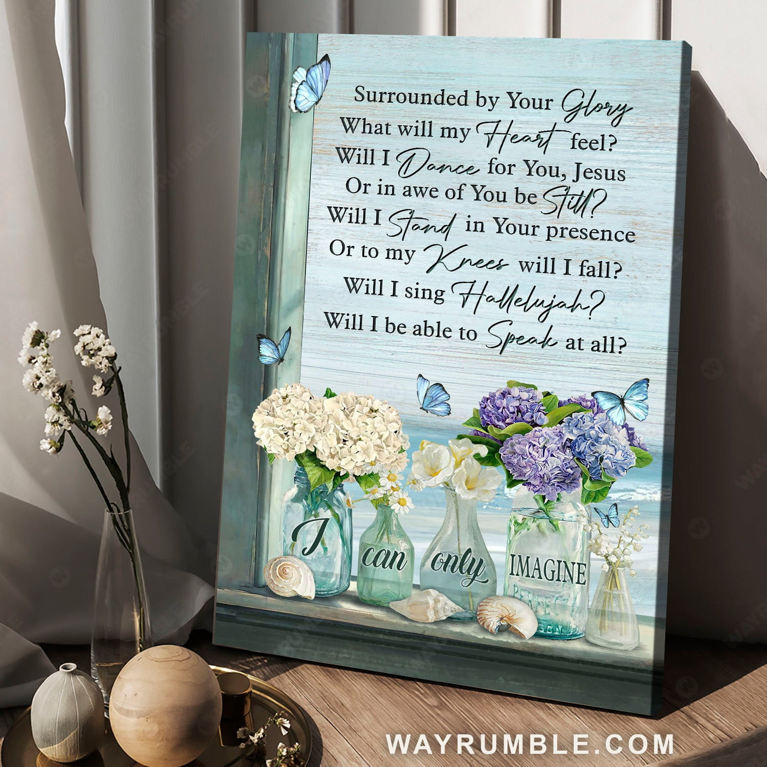 Purple hydrangea, Primrose, Glass vases, Ocean view, I can only imagine ...