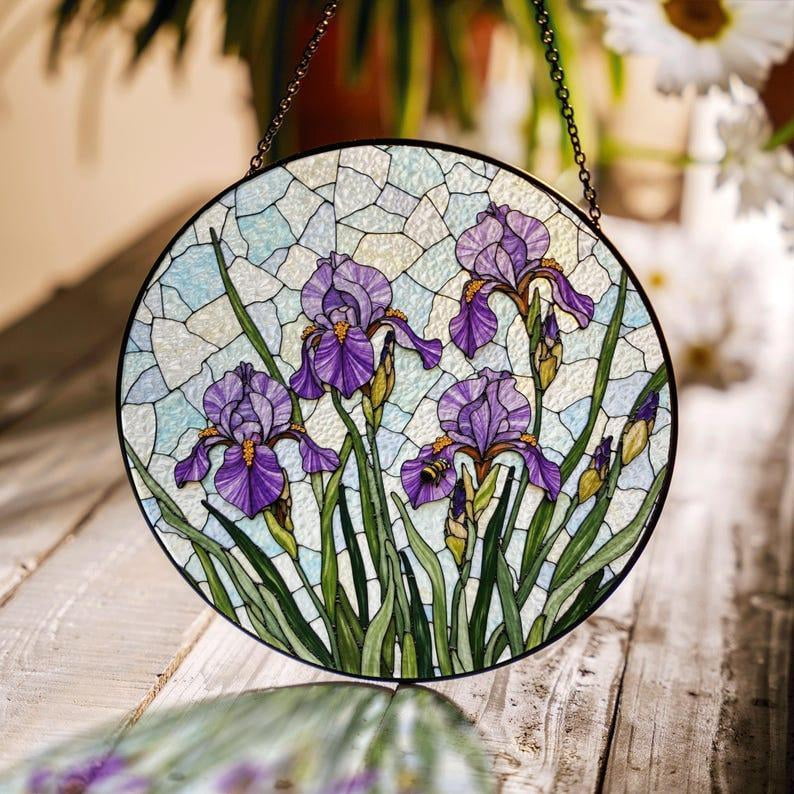 Purple iris flowers round stained glass suncatcher floral window ...