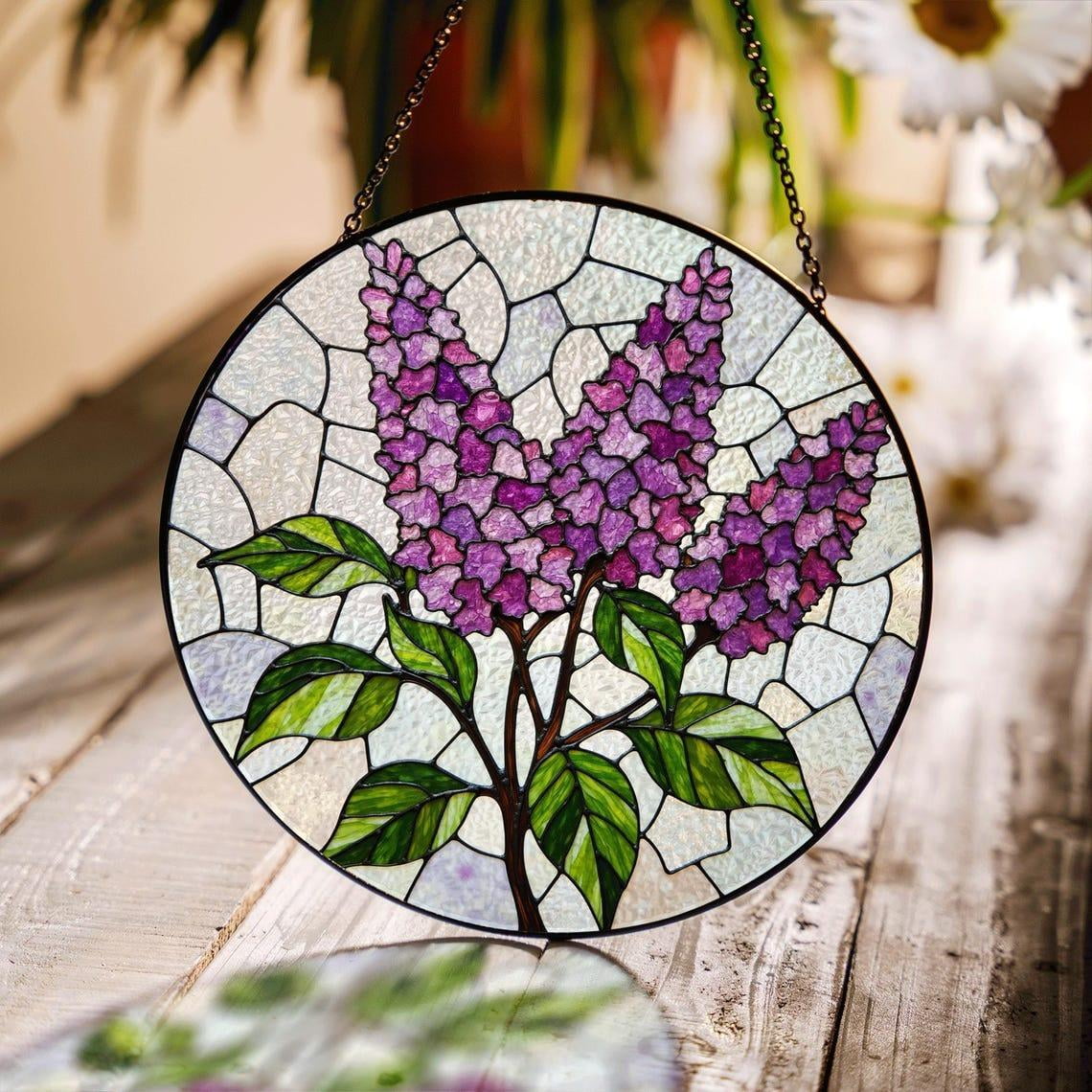 Purple lilac flowers round stained glass suncatcher spring window art ...