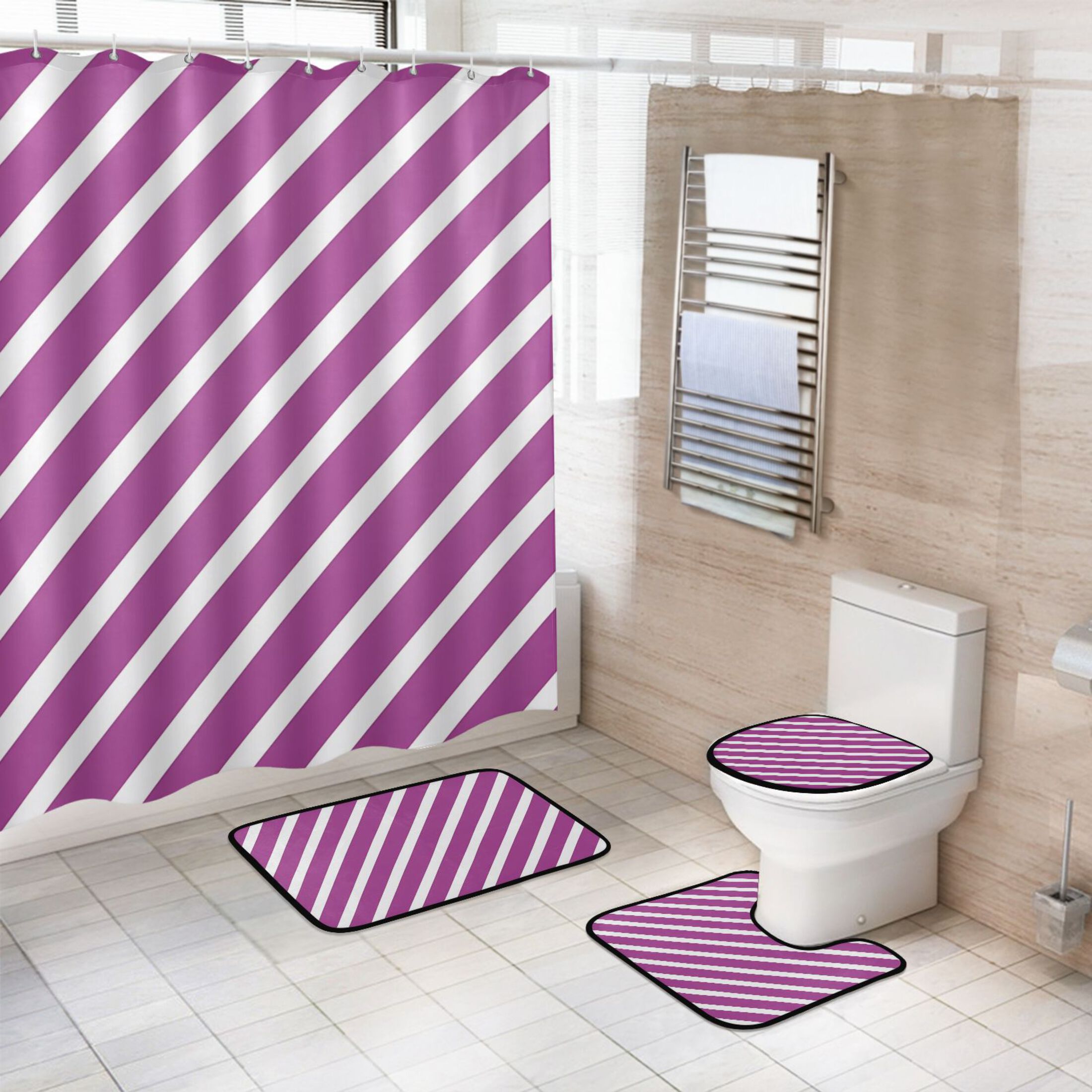 Purple-white Diagonal Stripes Shower Curtain and Rug Sets Toilet Lid ...