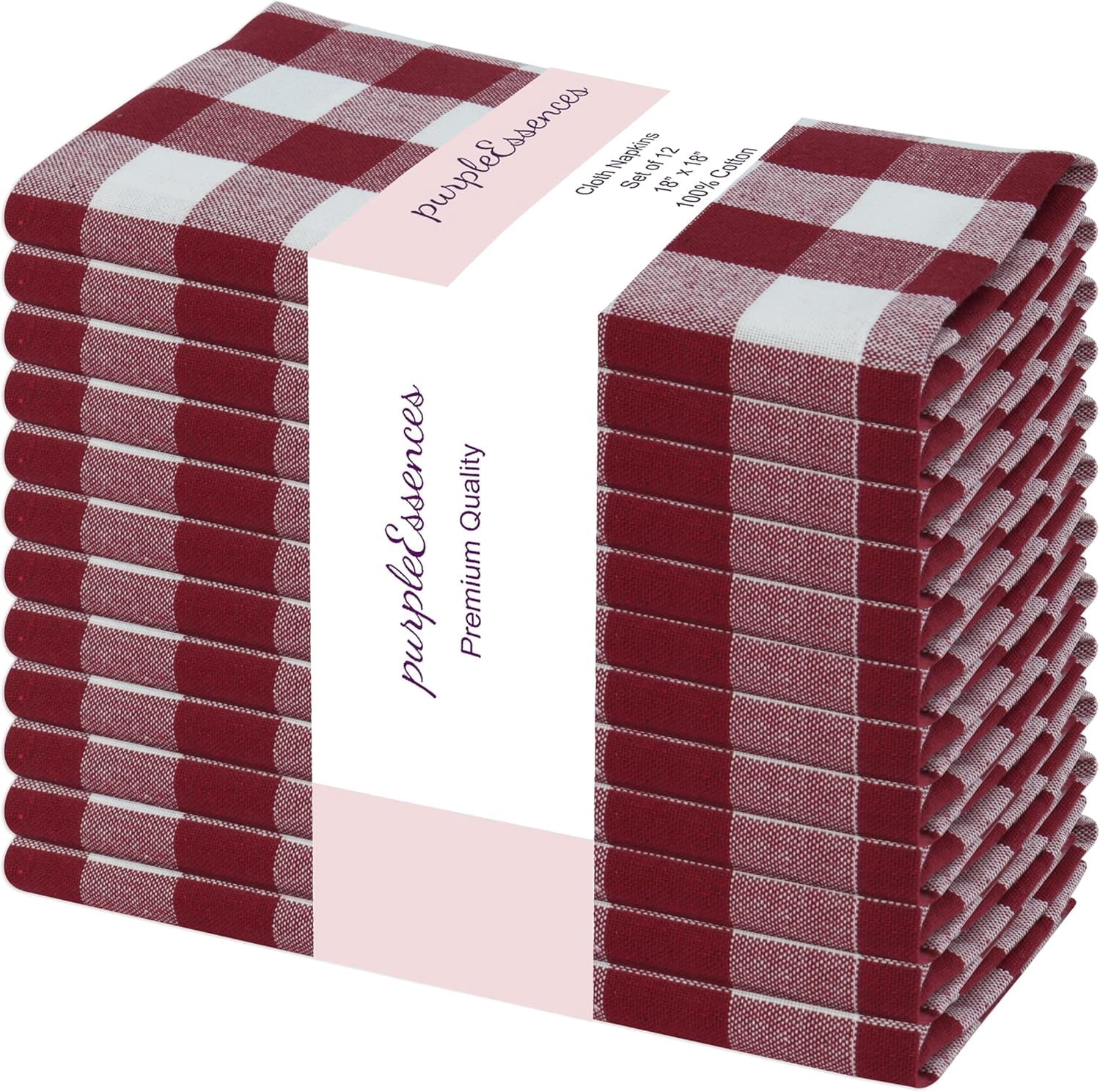PurpleEssences Gingham Plaid Cloth Napkins - Set of 12, 100% Cotton ...