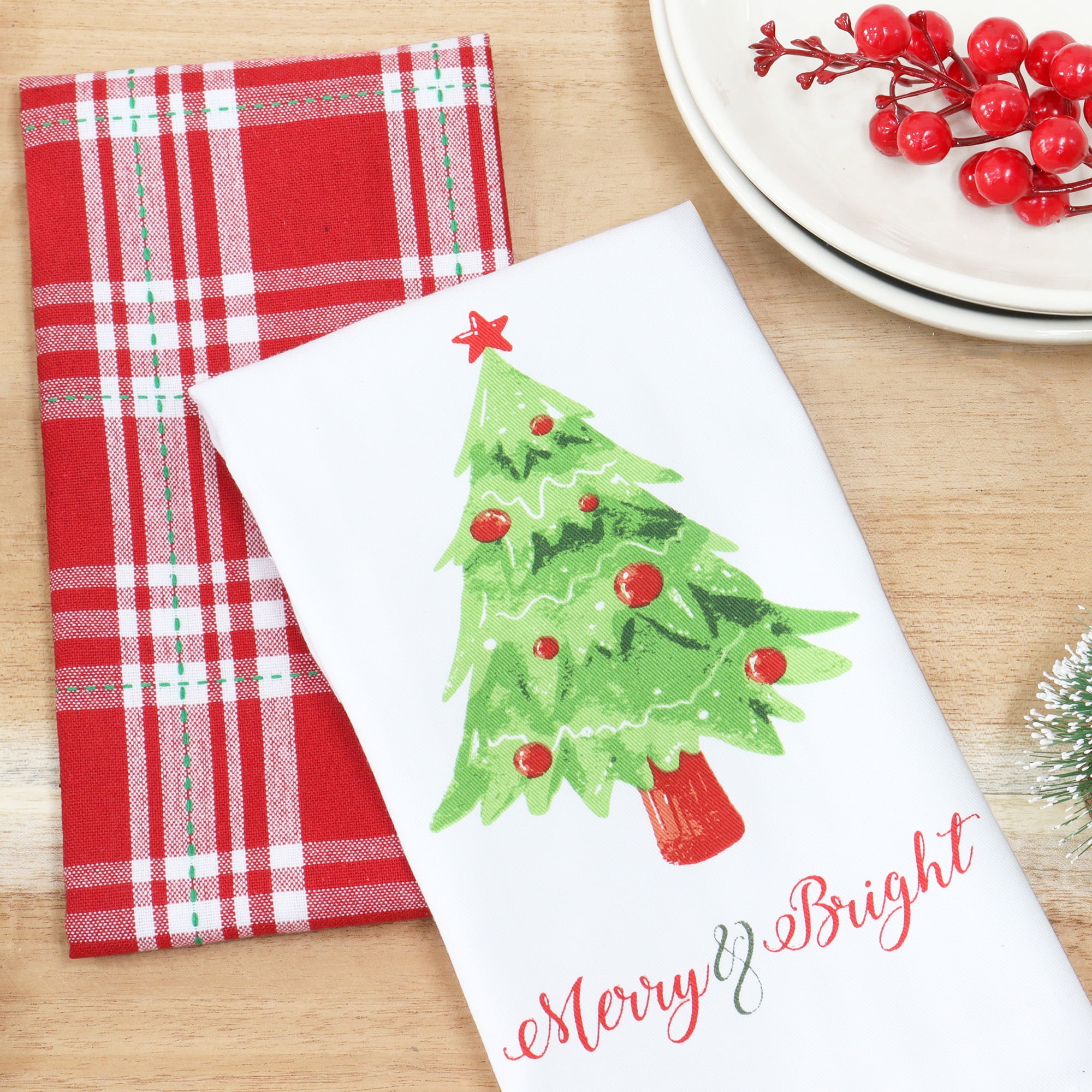 PurpleEssences Christmas Kitchen Towel Set of 2 - 100% Cotton 16 x 28 In - Christmas Tree and ...