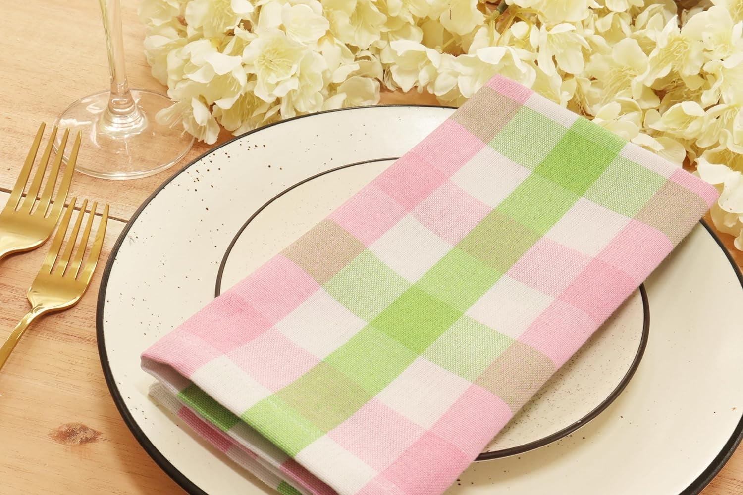 PurpleEssences Gingham Plaid Cloth Napkins Set of 12 100% Cotton Soft Durable Apple Green/Blush ...