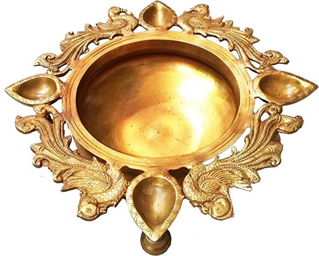 Purpledip Brass Urli: Ethnic Oil Lamp & Bells Designer Bowl in Peacock ...