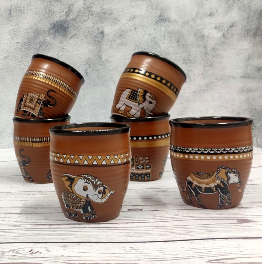 Purpledip Ceramic Kulhar Cups Elephants of India Set of 6 Mugs in Mix Design for Tea Coffe Juice ...