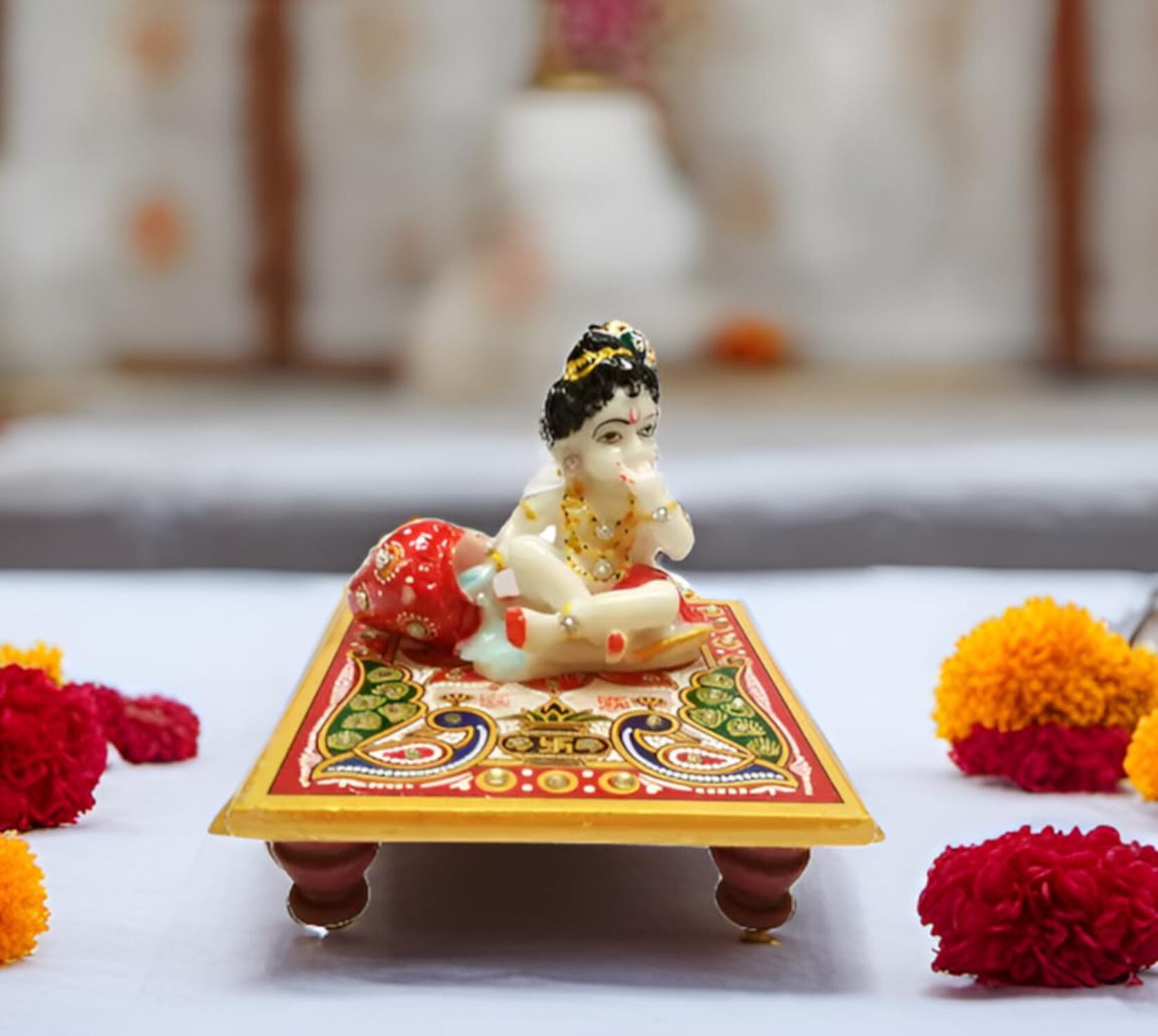 Purpledip Marble Statue Lord Krishna: Painted Makahan Chor Idol on Chowki (11566) - Walmart.com