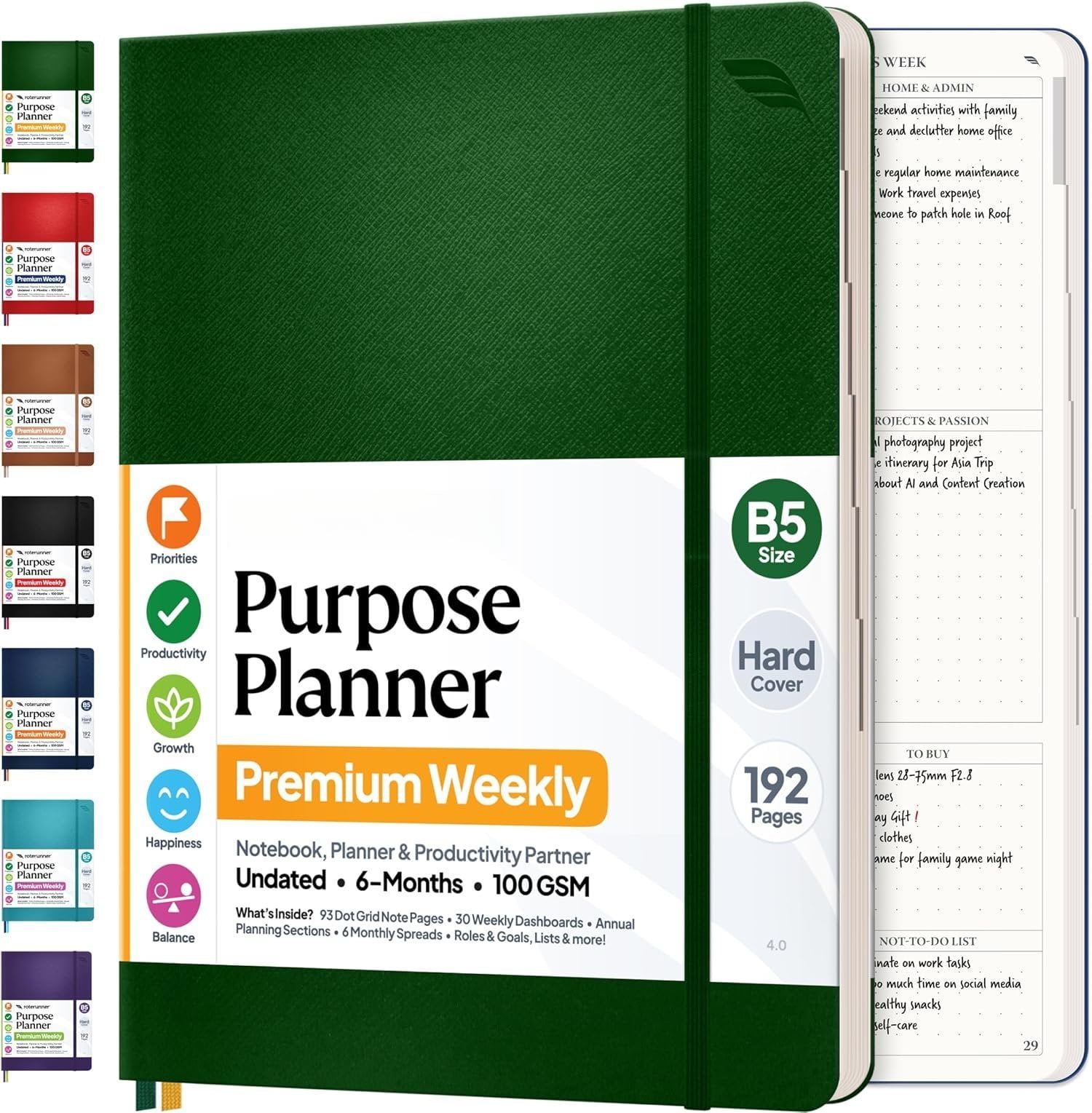 Purpose Planner Notebook B5 7.5"x9.8" Undated 2026 Daily Weekly and ...