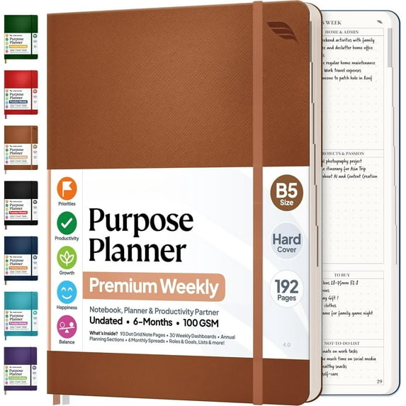 Purpose Planner Notebook B5 7.5"x9.8" Undated 2026 Daily Weekly and ...