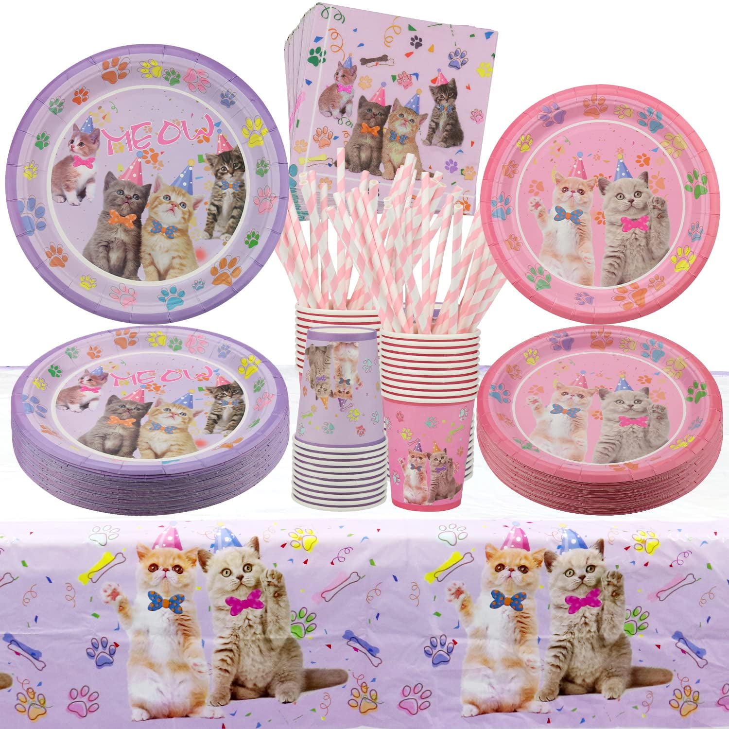 Purr-fectly Paw-some Cat Birthday Party Supplies Set - 40 Guests Cat ...