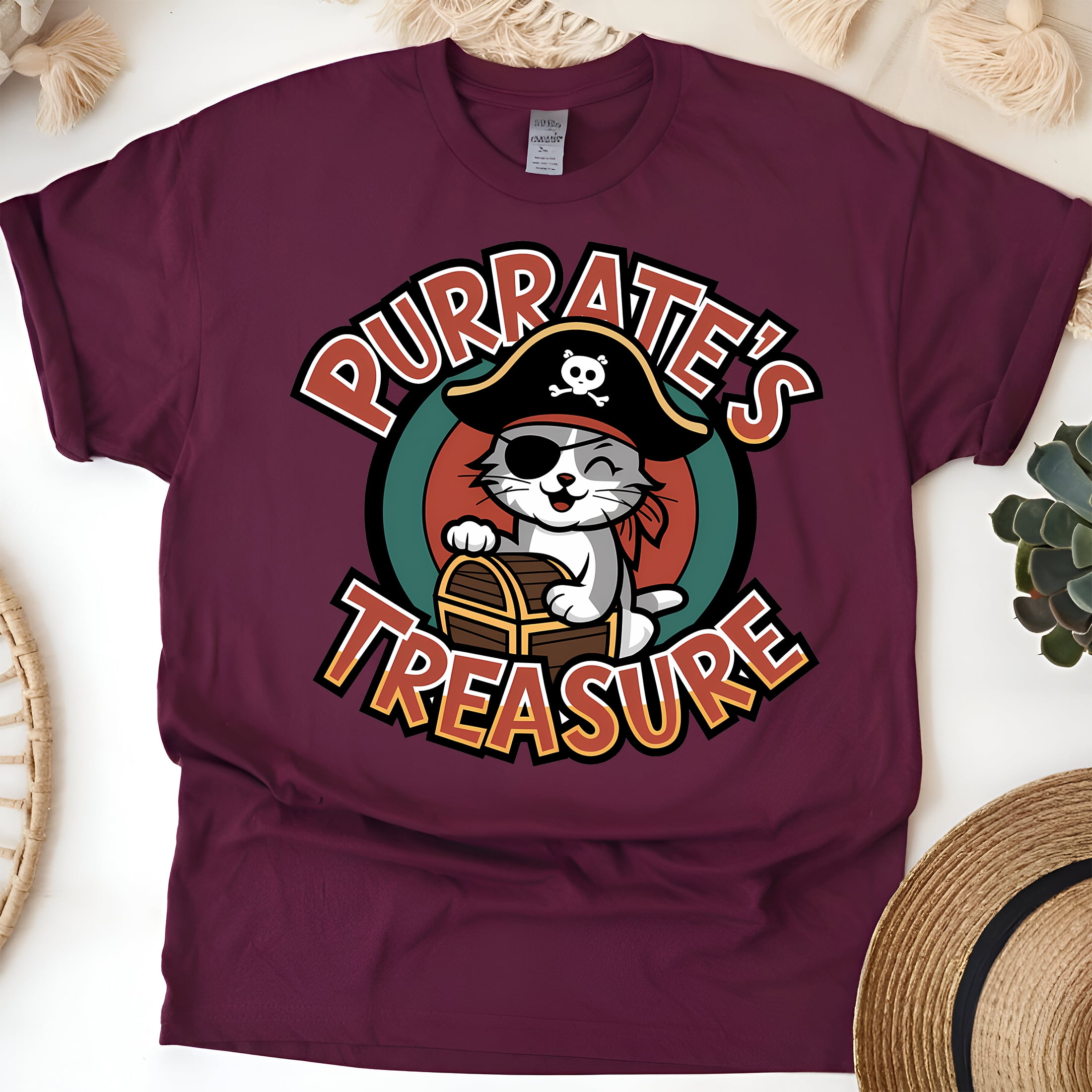 Purrate's Treasure T-Shirt – Cute Pirate Cat with Treasure Chest, Maroon, Size S - Walmart.com