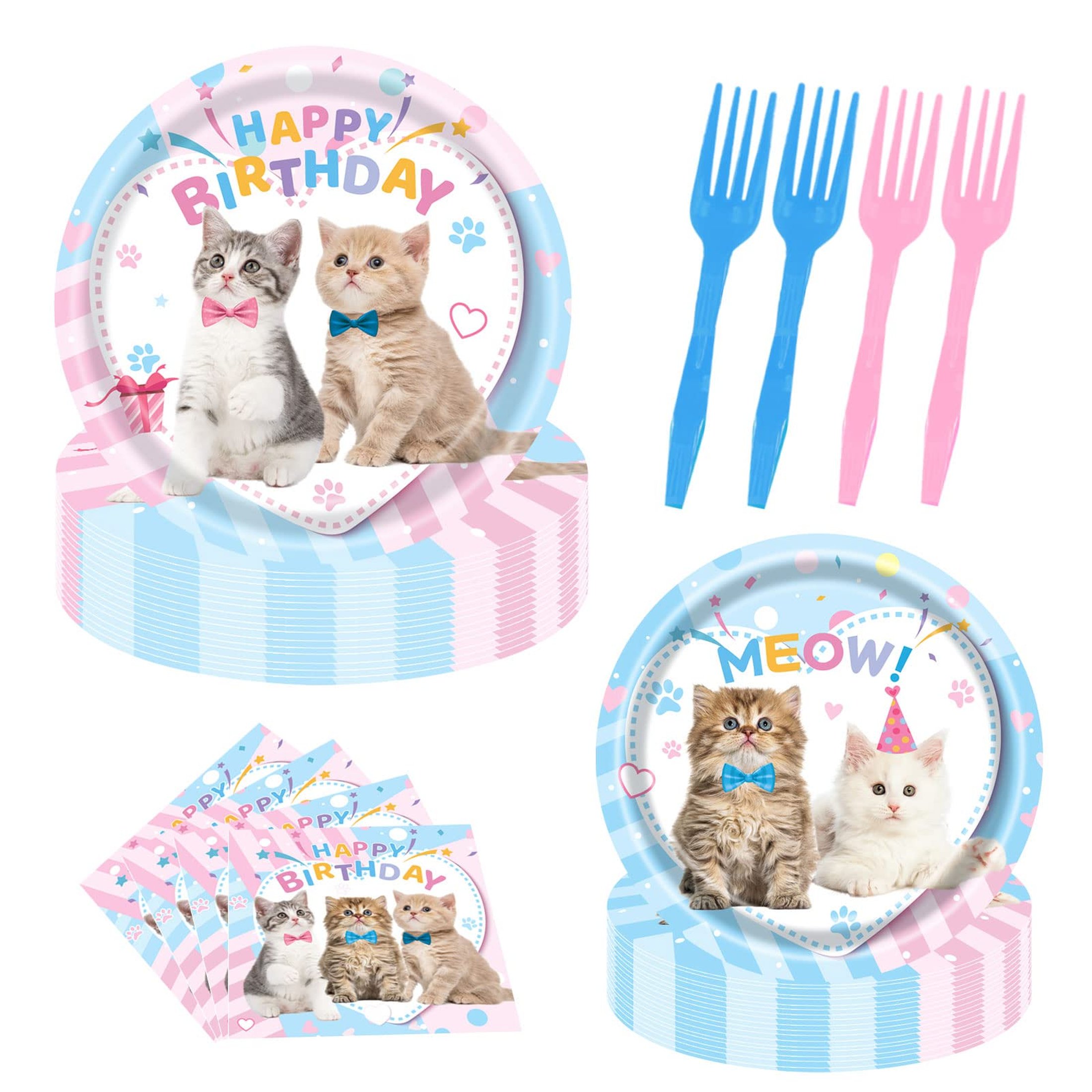 Purrfect Celebration Cat Party Kit - Complete Tableware Set with Blue ...