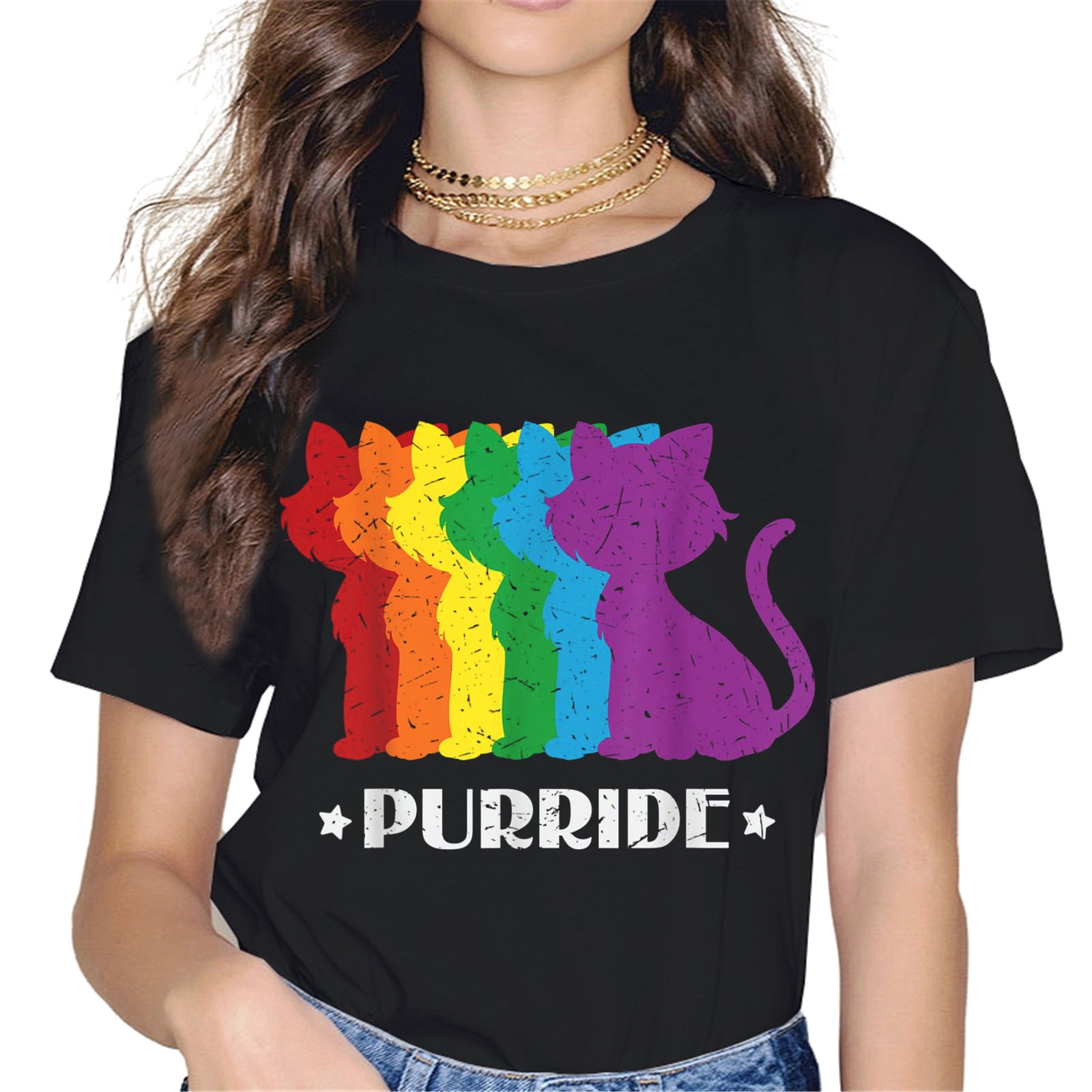 Purride Cat Lover Pride Month Gay Lesbian Rights Rainbow Cat Women Tops T-Shirt Kitten Lover ...