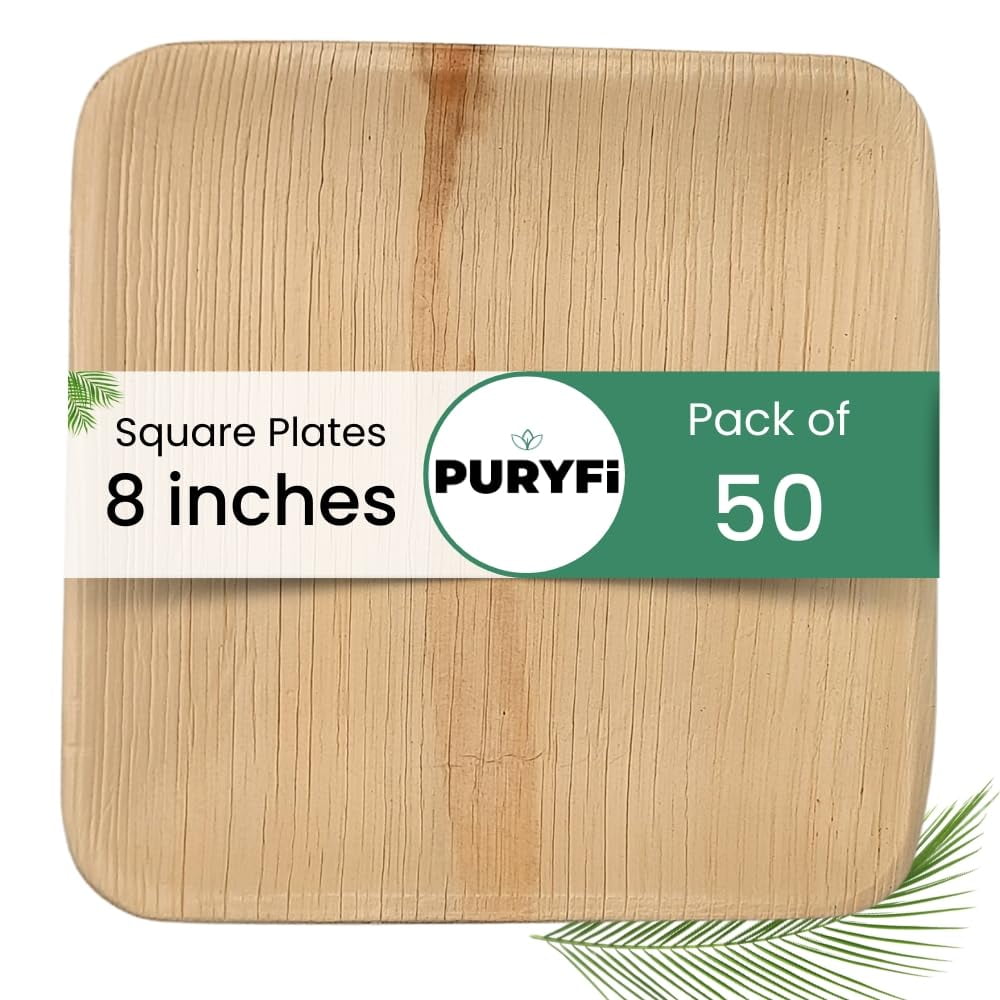 Puryfi 8 Inch Disposable Square Palm AFN1Leaf (Pack of 50) Plates | Eco ...