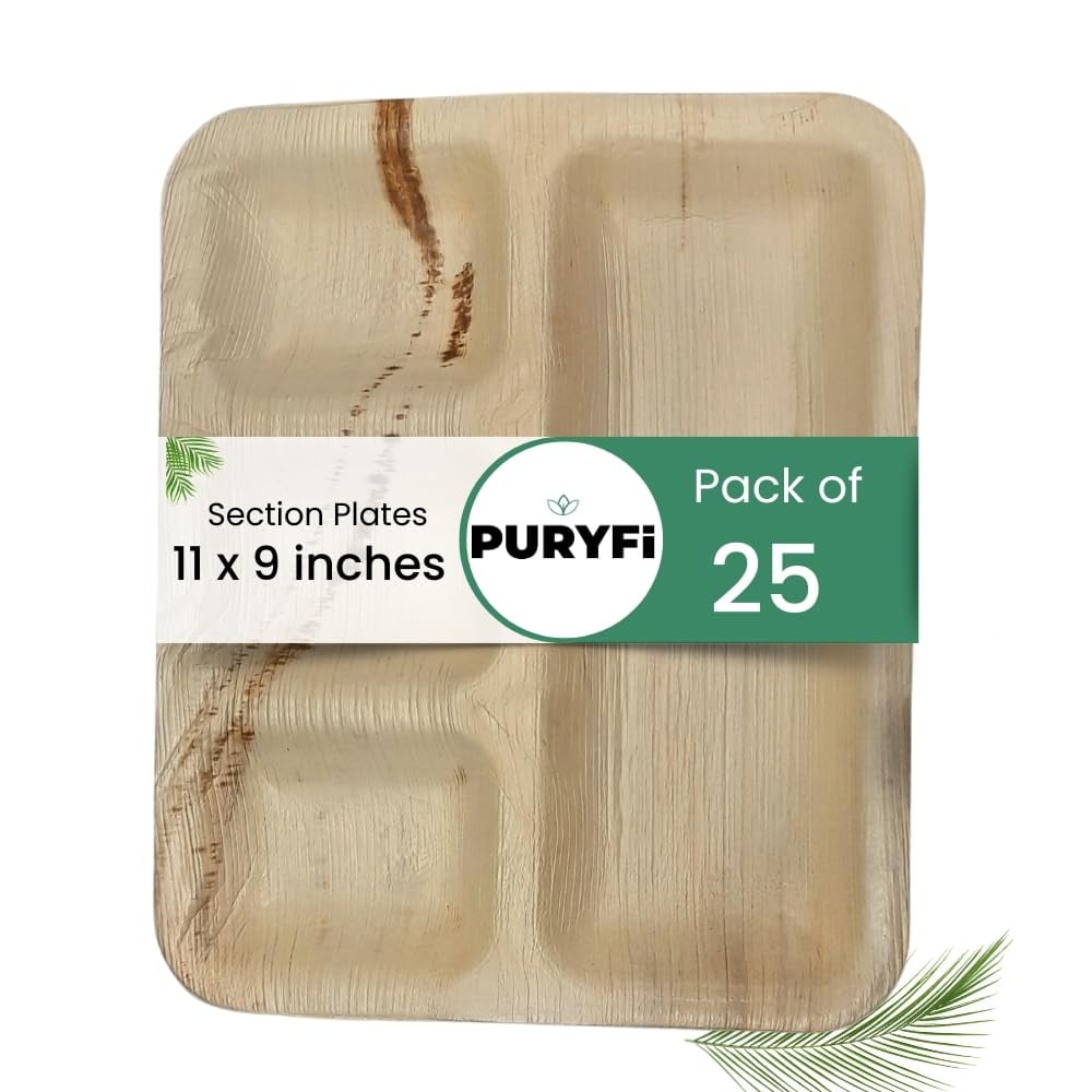Puryfi Palm Leaf Compartment BCA3 Plates 11 x 9 Inch (Pack of 25 ...
