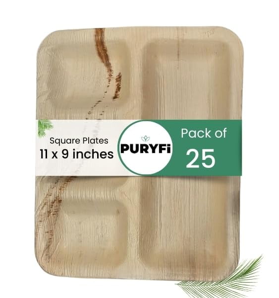 Puryfi Palm Leaf Compartment DHF10 Plates 11 x 9 Inch (Pack of 25 ...