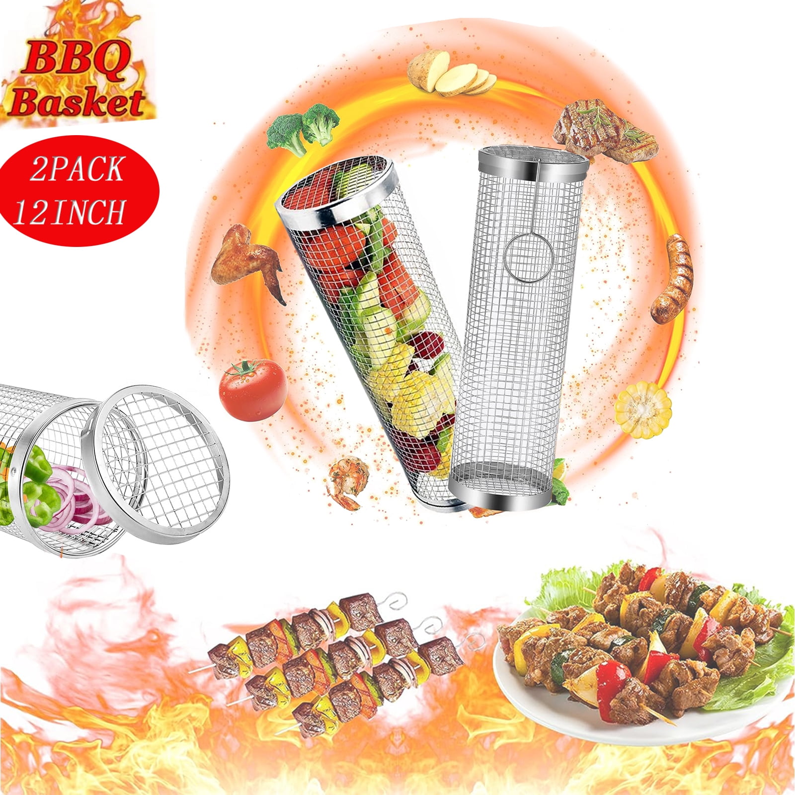 BBQ Grill Basket 2-Pack Stainless Steel Rolling - For Veggies, Fries ...