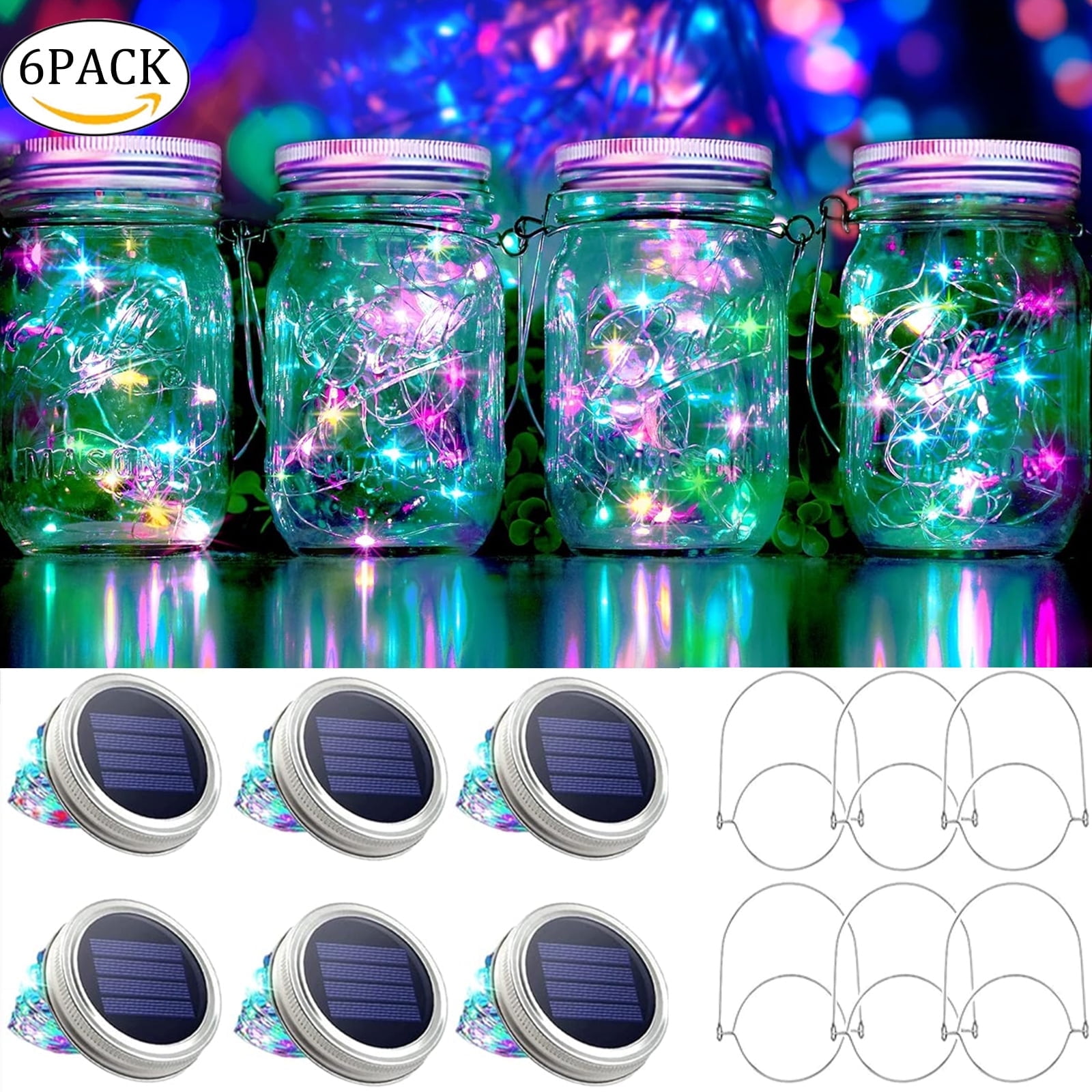 puseky Solar Mason Jar Lid Lights, 6 Pack, 20 LED Multicolor Outdoor ...
