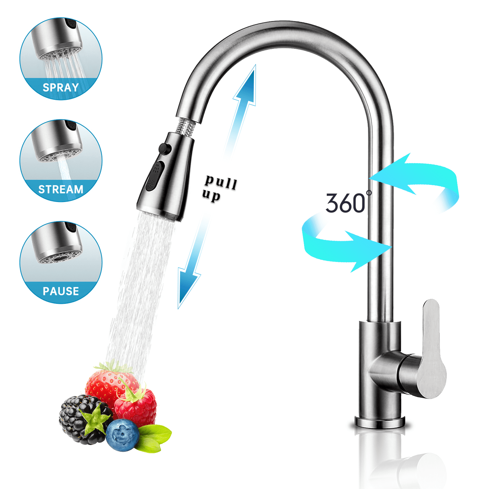 Puseky Brushed Nickel Faucet Set - Single Handle, Pull Down Sprayer ...