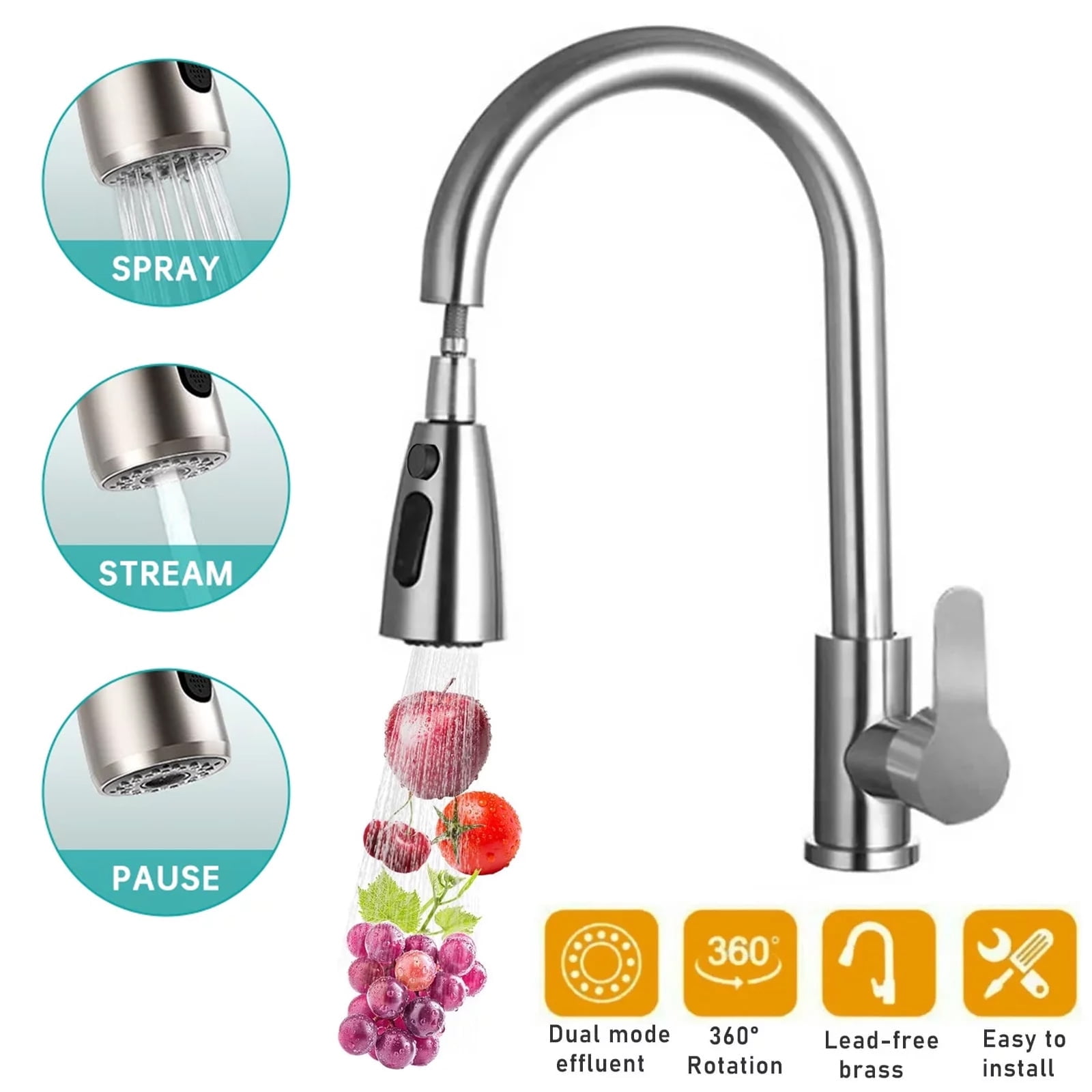 Puseky Brushed Nickel Faucet Set - Single Handle, Pull Down Sprayer ...