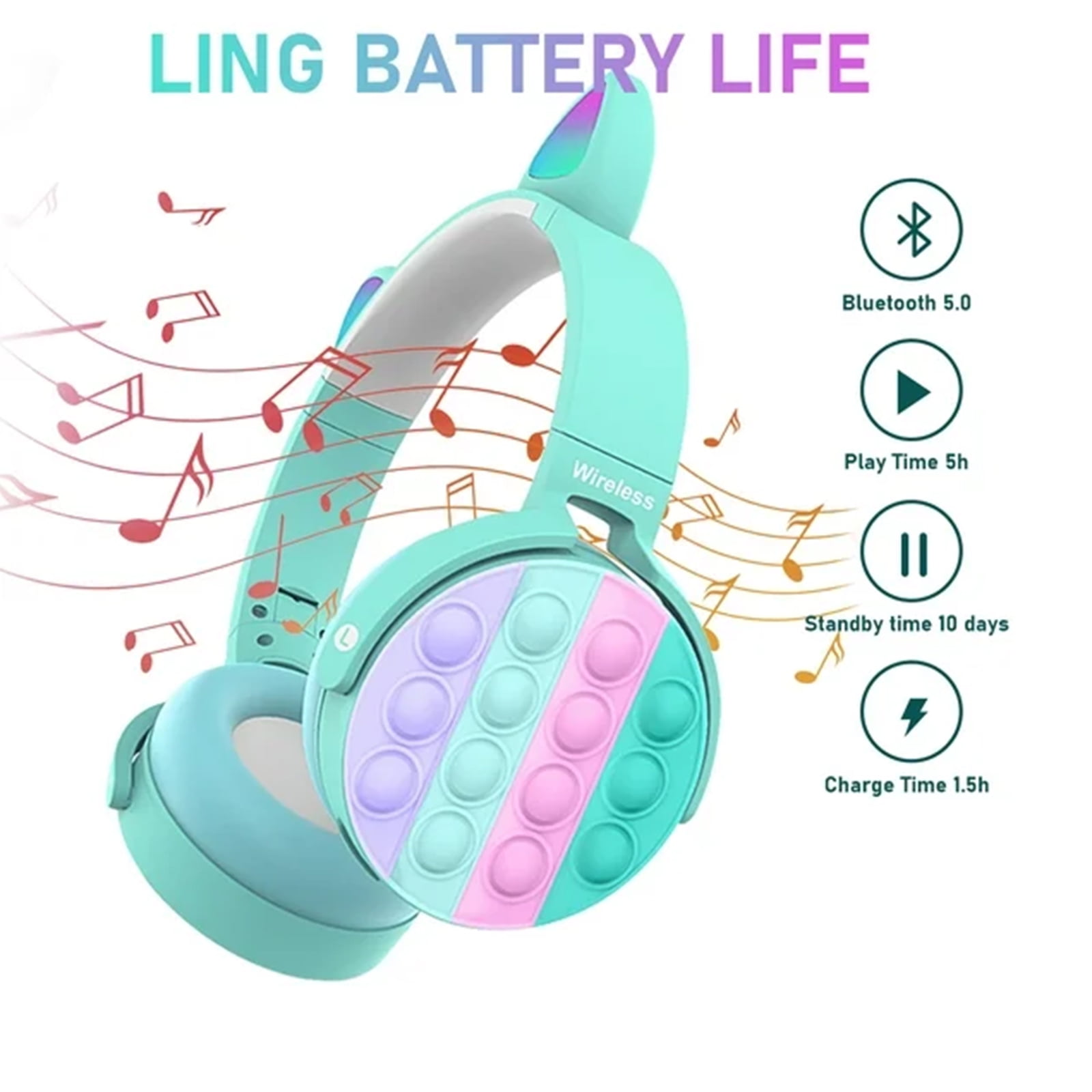 Puseky Cat Ear Headphones with Pop Fidget Toy, 5.0 Bluetooth Wireless ...
