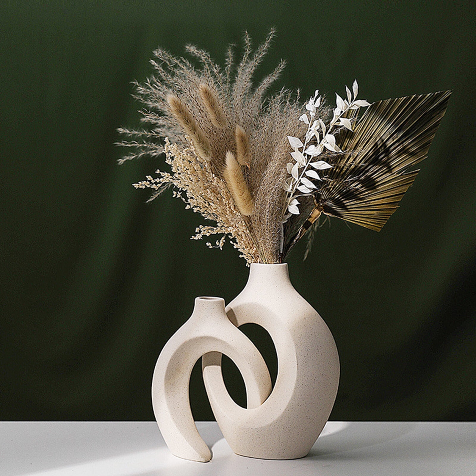 Puseky Hollow Ceramic Vase Set of 2, Off Beige Pampas Vases for ...
