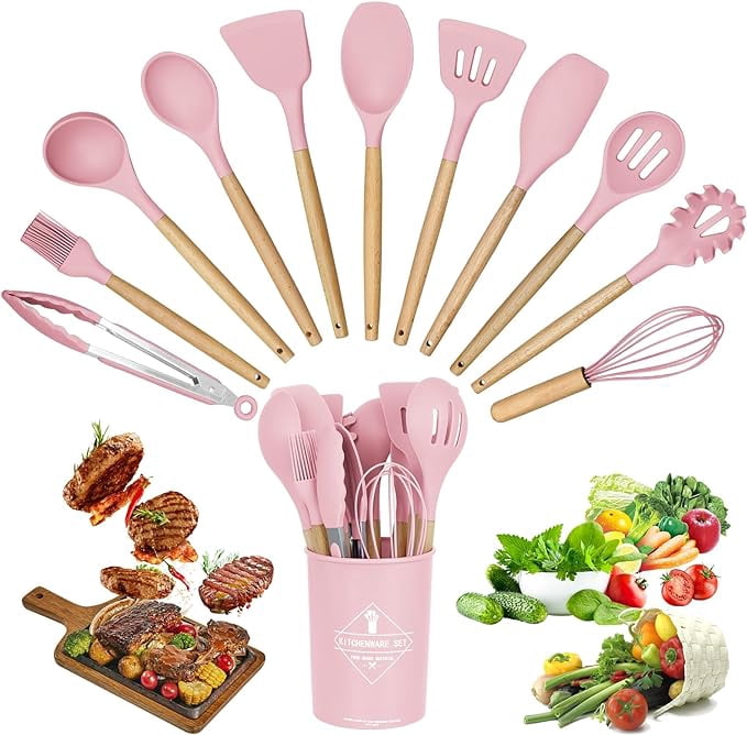 Puseky Premium 12-Piece Silicone Kitchen Utensils Set - Non-Stick, Heat ...
