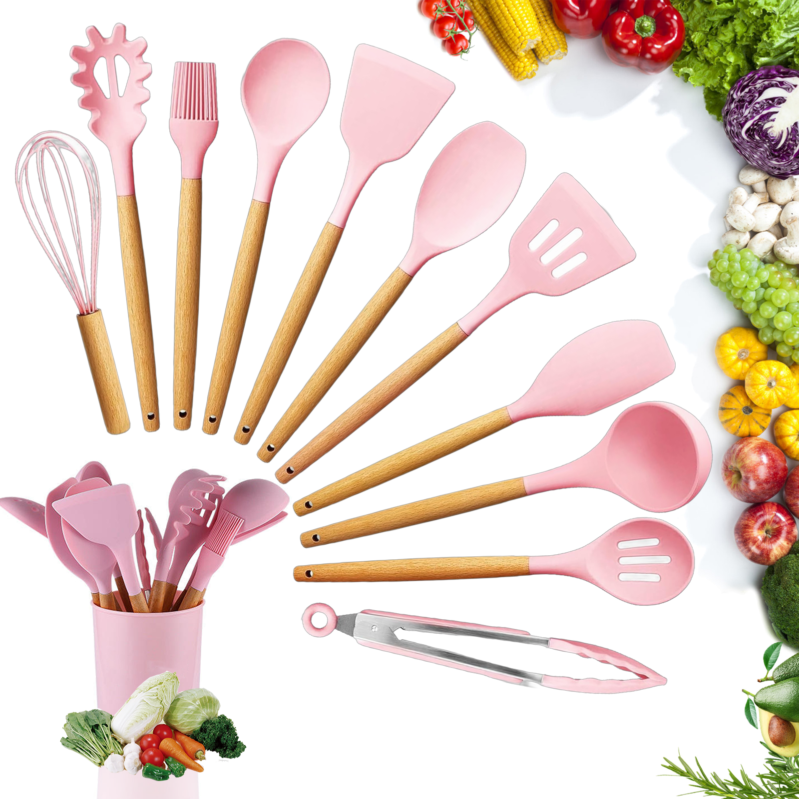 Puseky Premium 12-Piece Silicone Kitchen Utensils Set - Non-Stick, Heat ...