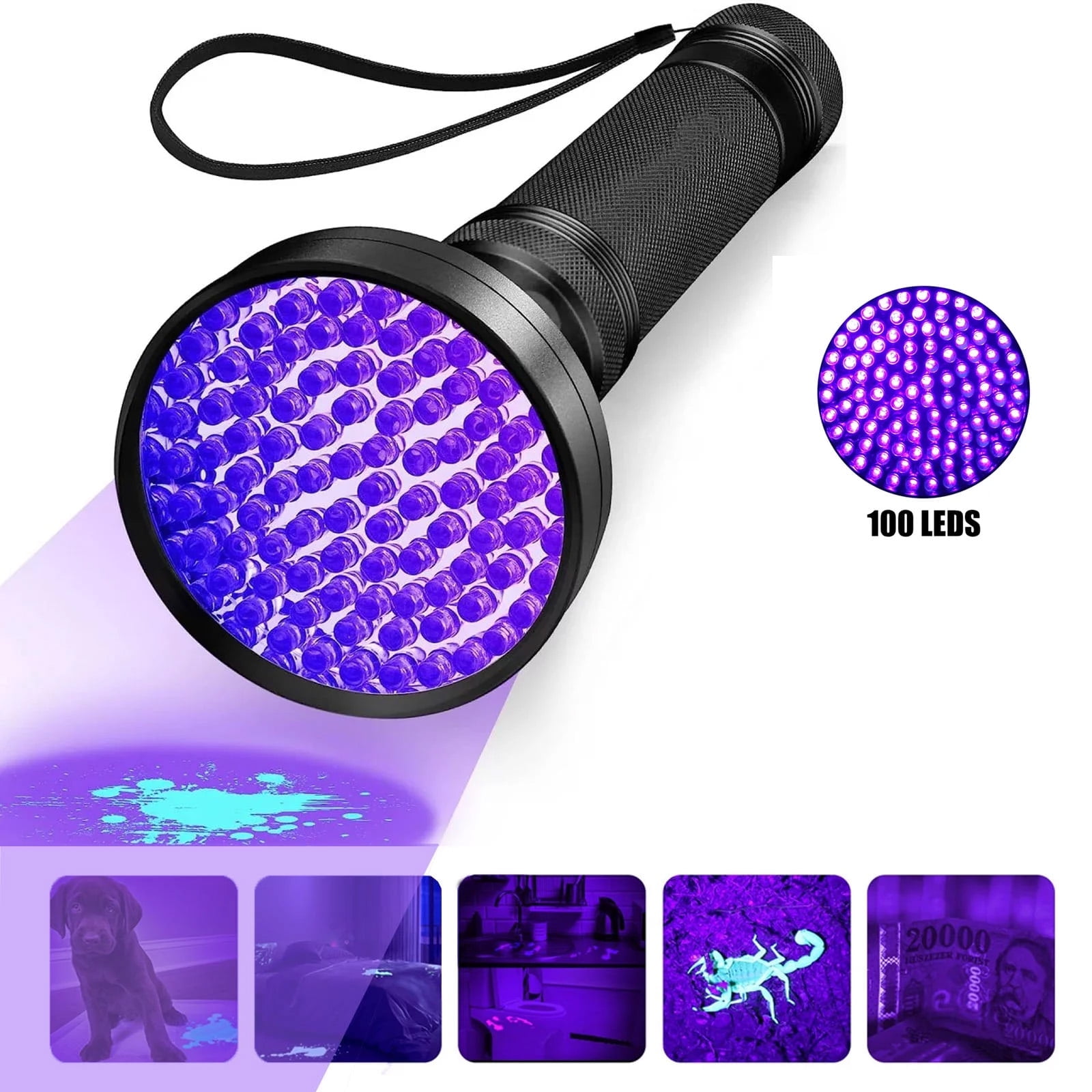 Puseky UV Flashlight Black Light 100 LED Light Handheld Blacklight 395 ...