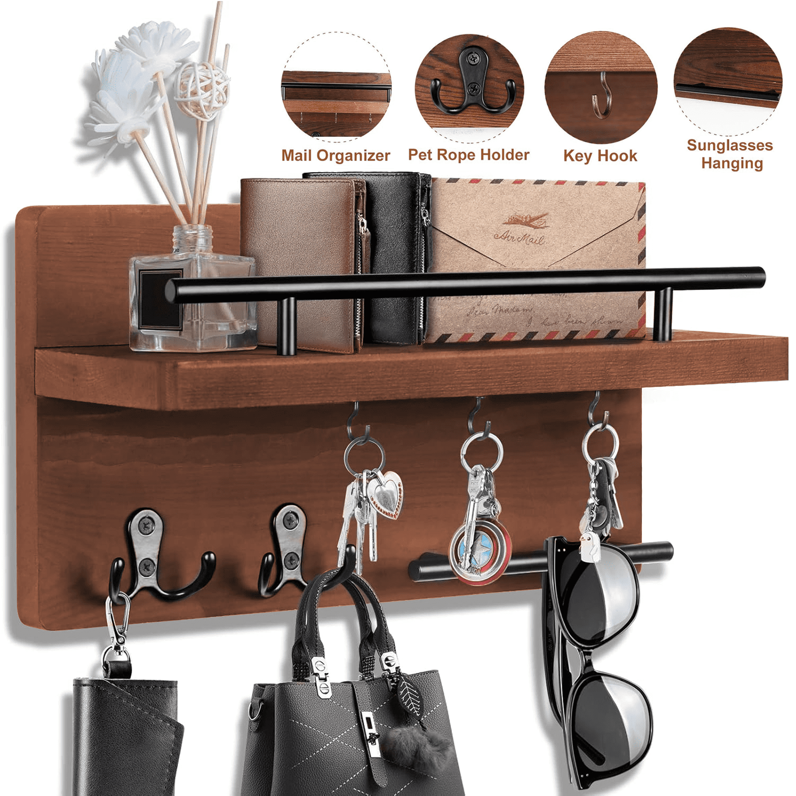 Puseky Wooden Key Holder, Wall Mounted Key Holder, Hangers for Wall ...