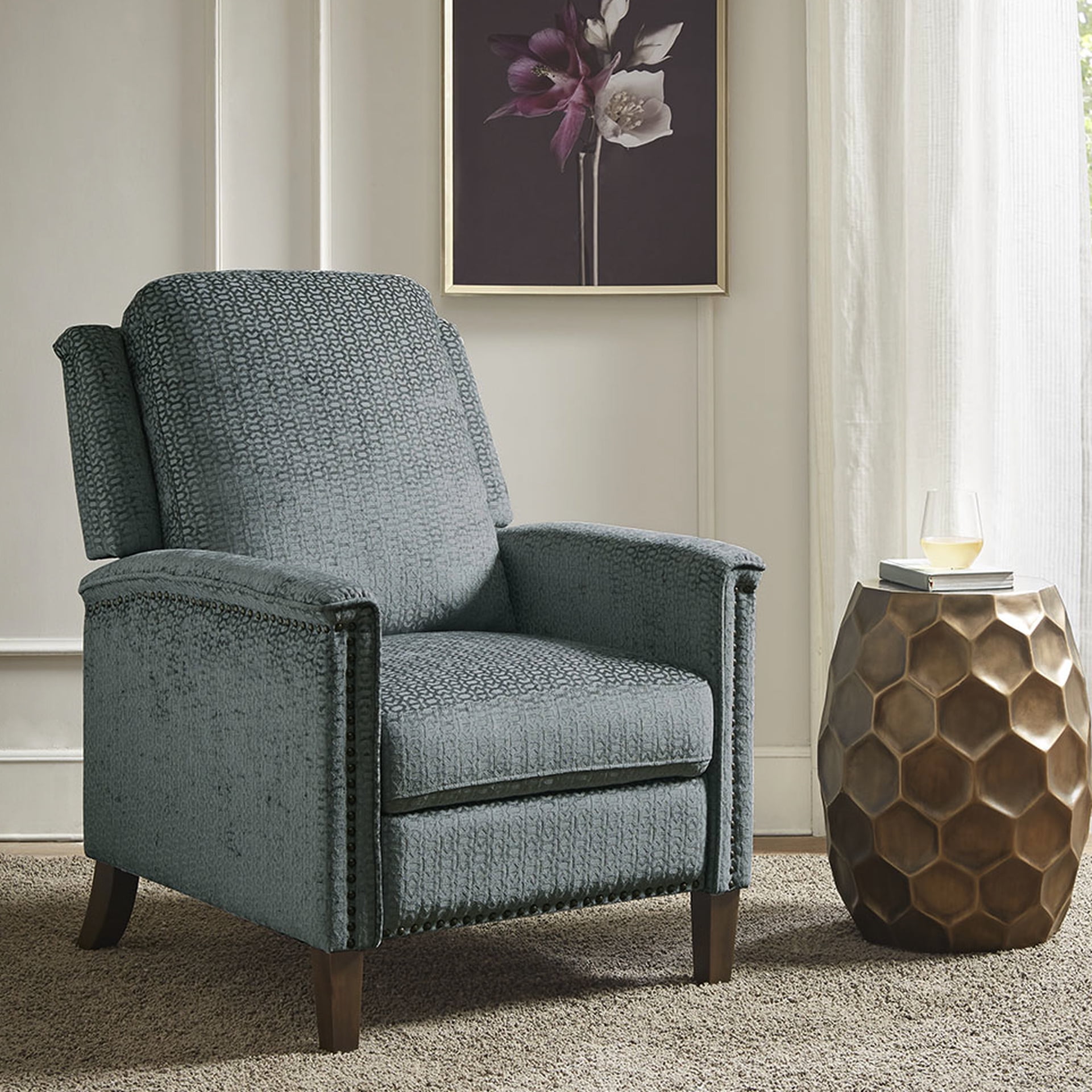 Push Back Reclining Chair In Grey: High Back, Solid Wood Comfy Recliner ...
