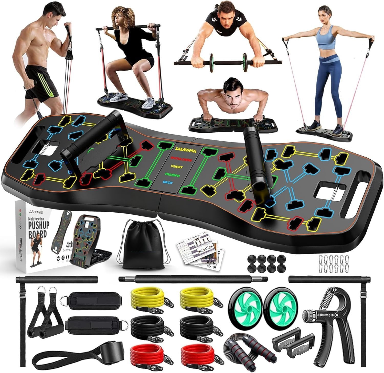 Push Up Board,36 in 1 Gym Equipment with Ab Roller Wheel & Resistance ...