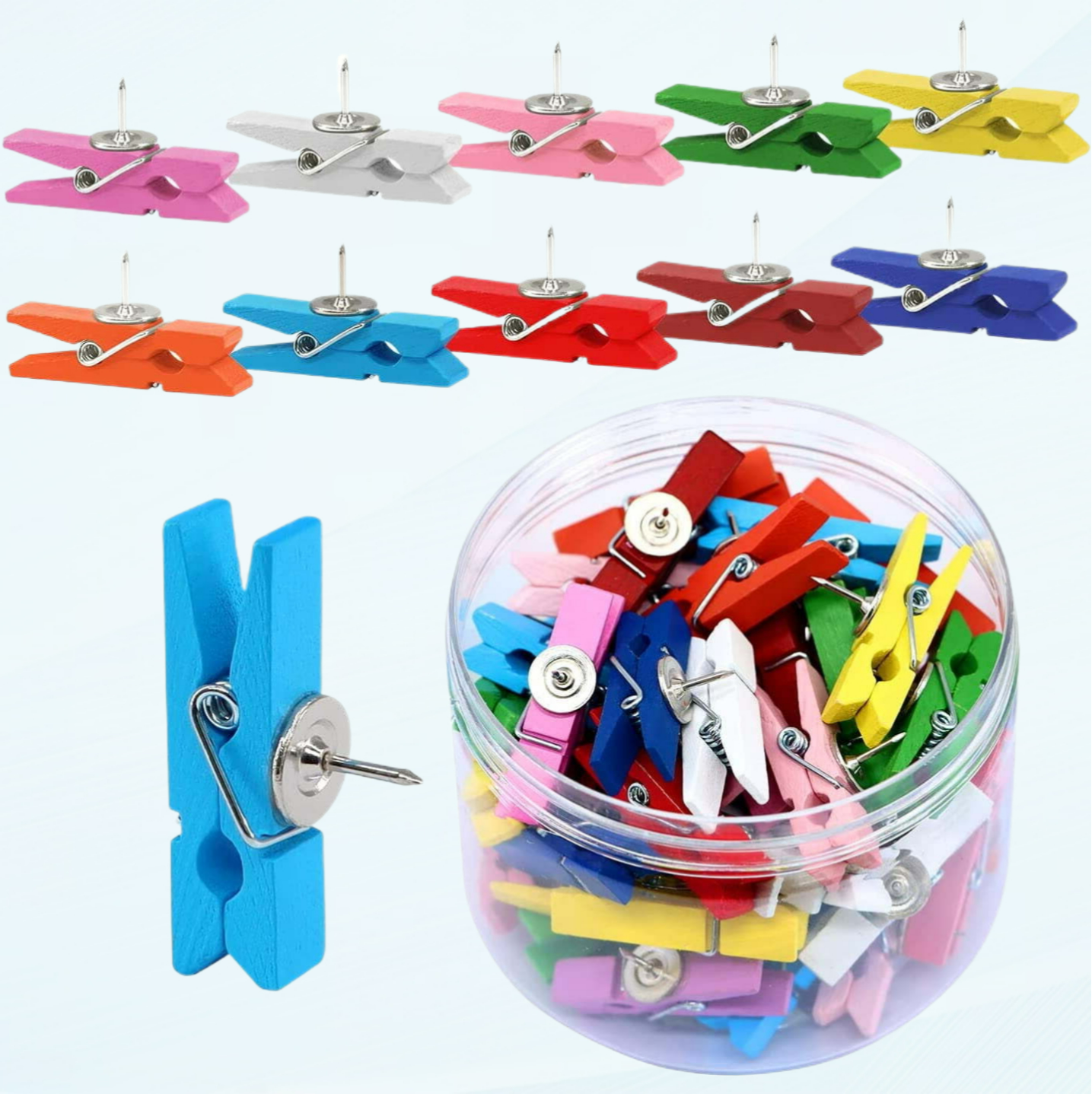Push Pin Clips, 50 PCS Multicolored Push Pin with Wooden Clips, Wooden ...