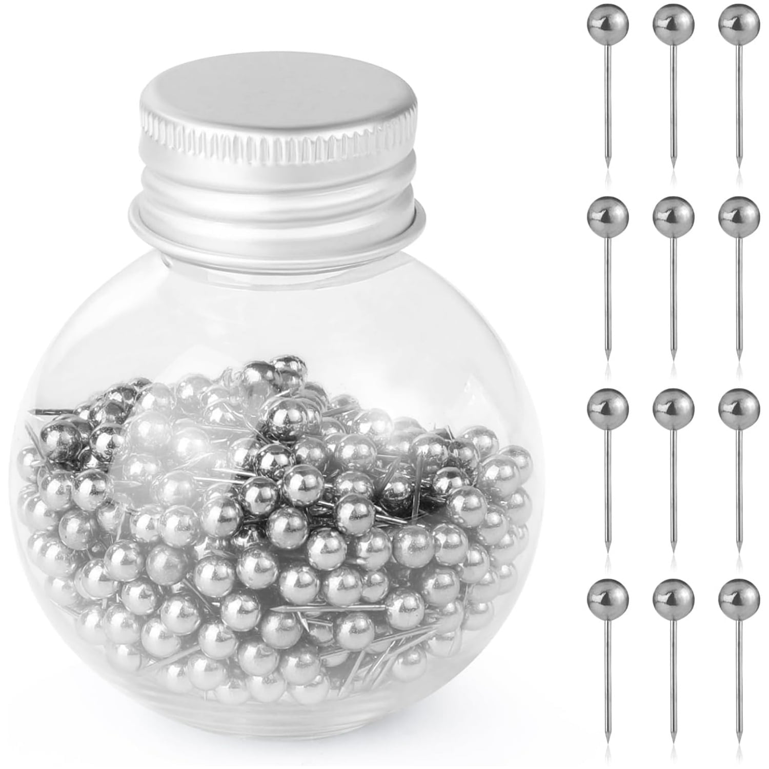 Push Pins Map Tacks 1/8-inch Silver Beads Head Marking Push Pins, Round ...