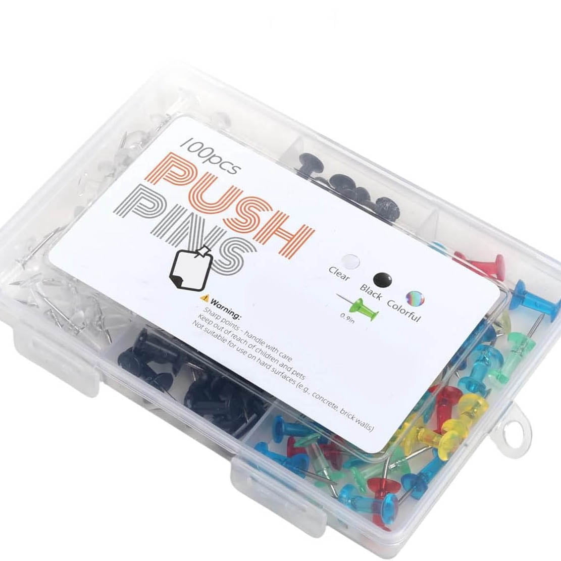 Push Pins, Thumb Tacks with Clear, Black & Colored Plastic Heads, Steel ...