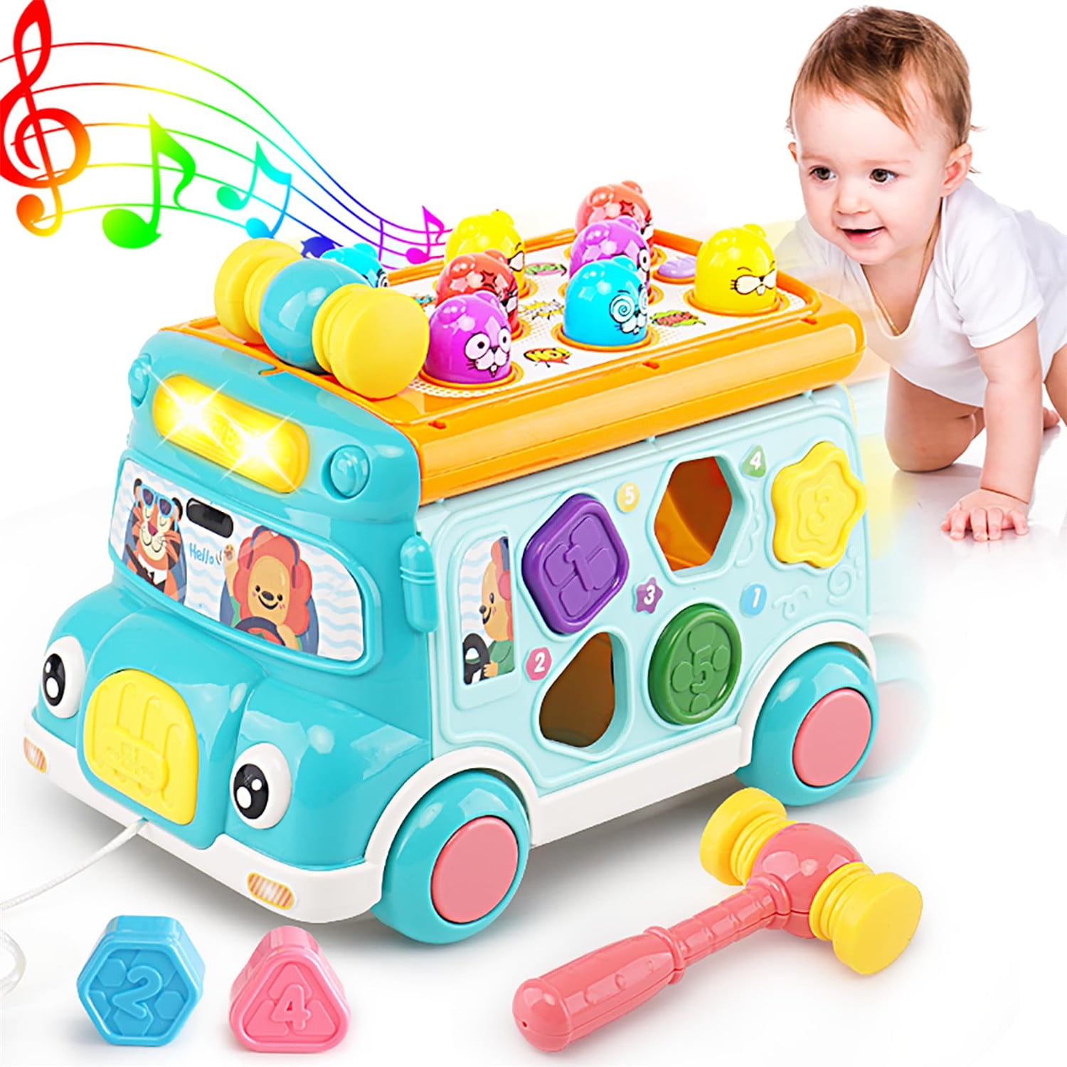 Push Pull Bus Toy, Baby Musical Learning Toys with Sound & Light, Whack ...