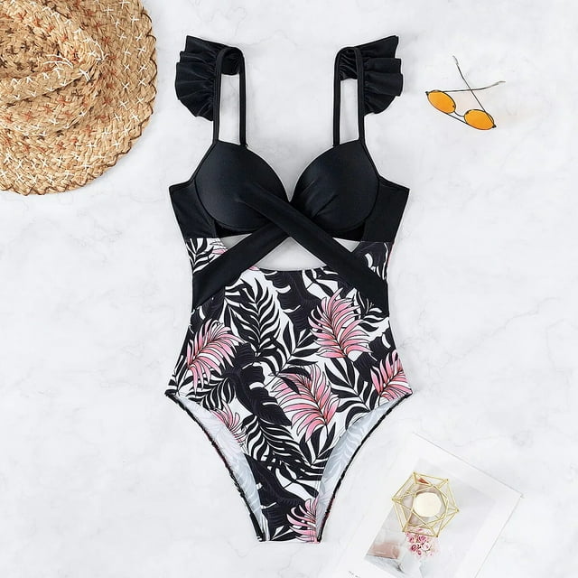 Push Up One Piece Swimsuit Women Swimwear Bodysuit Monokini Pad Ruffle ...