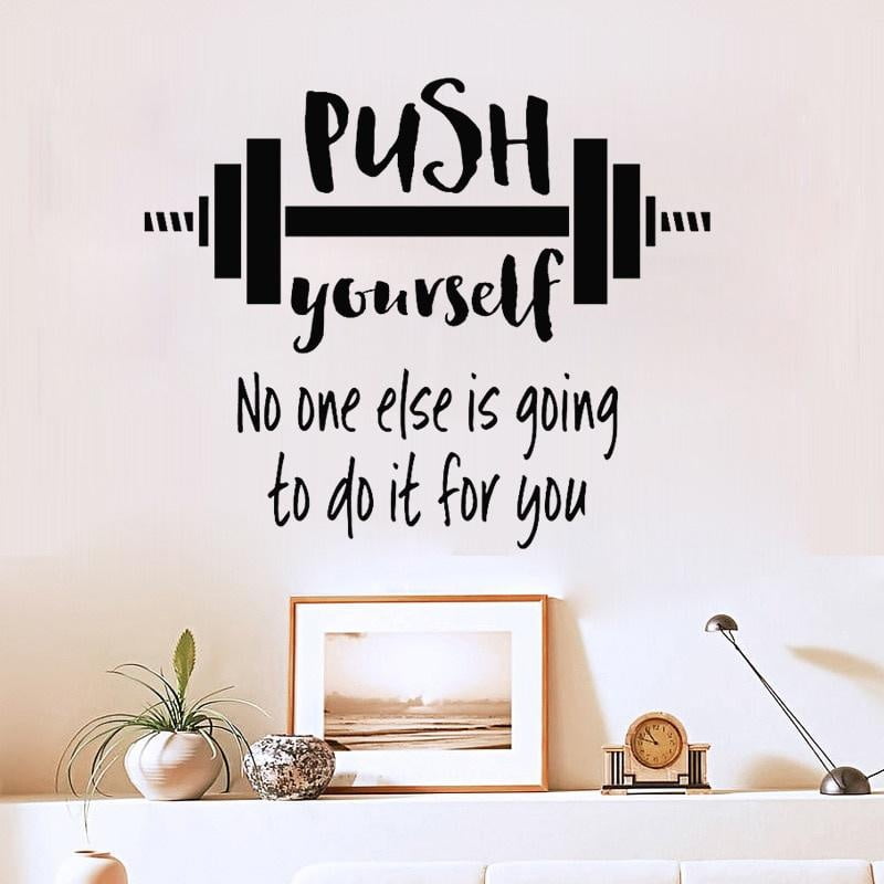 Push Yourself GYM Quotes Wall Decal Stickers Barbell Workout Exercise ...