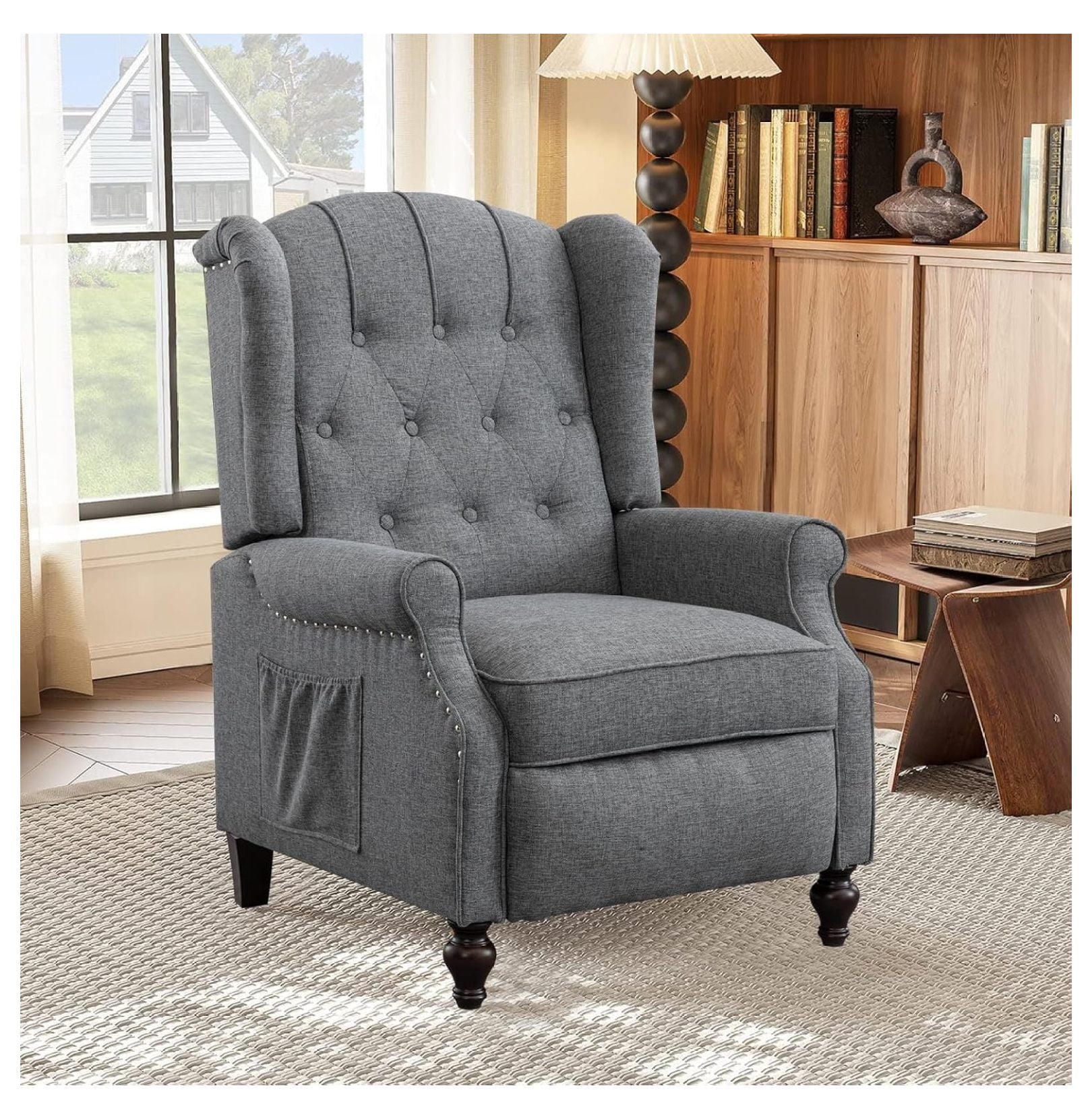 Pushback Recliner Chair, Linen Elizabeth Tufted Armchair Accent Chair ...