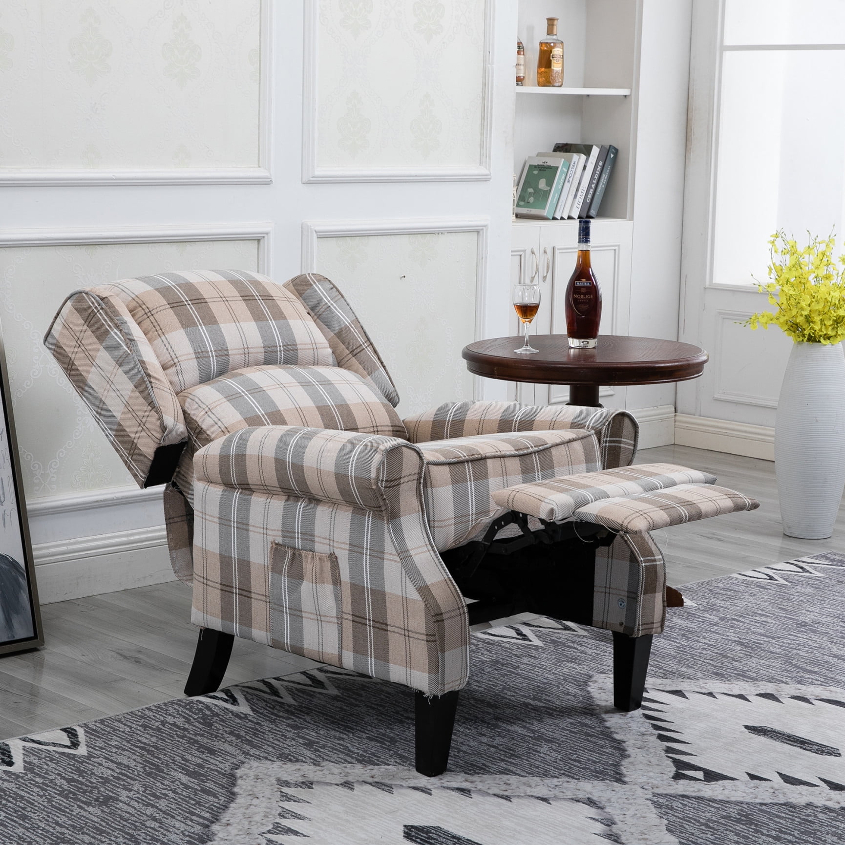 Triple Tree Pushback Recliner Chair, Plaid Wingback Accent Chair ...