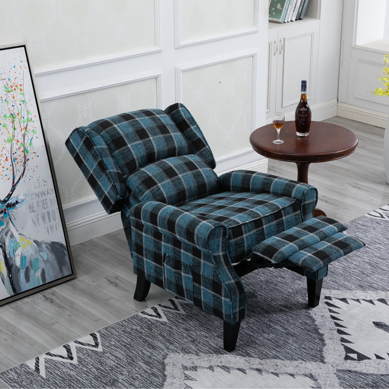 Pushback Recliner Chair, Plaid Wingback Accent Chair with Adjustable ...
