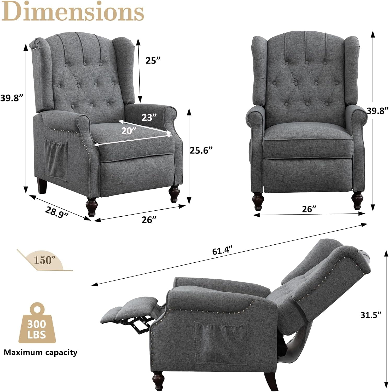 Pushback Recliner Chair Set of 2, Linen Tufted Armchairs with Massage ...