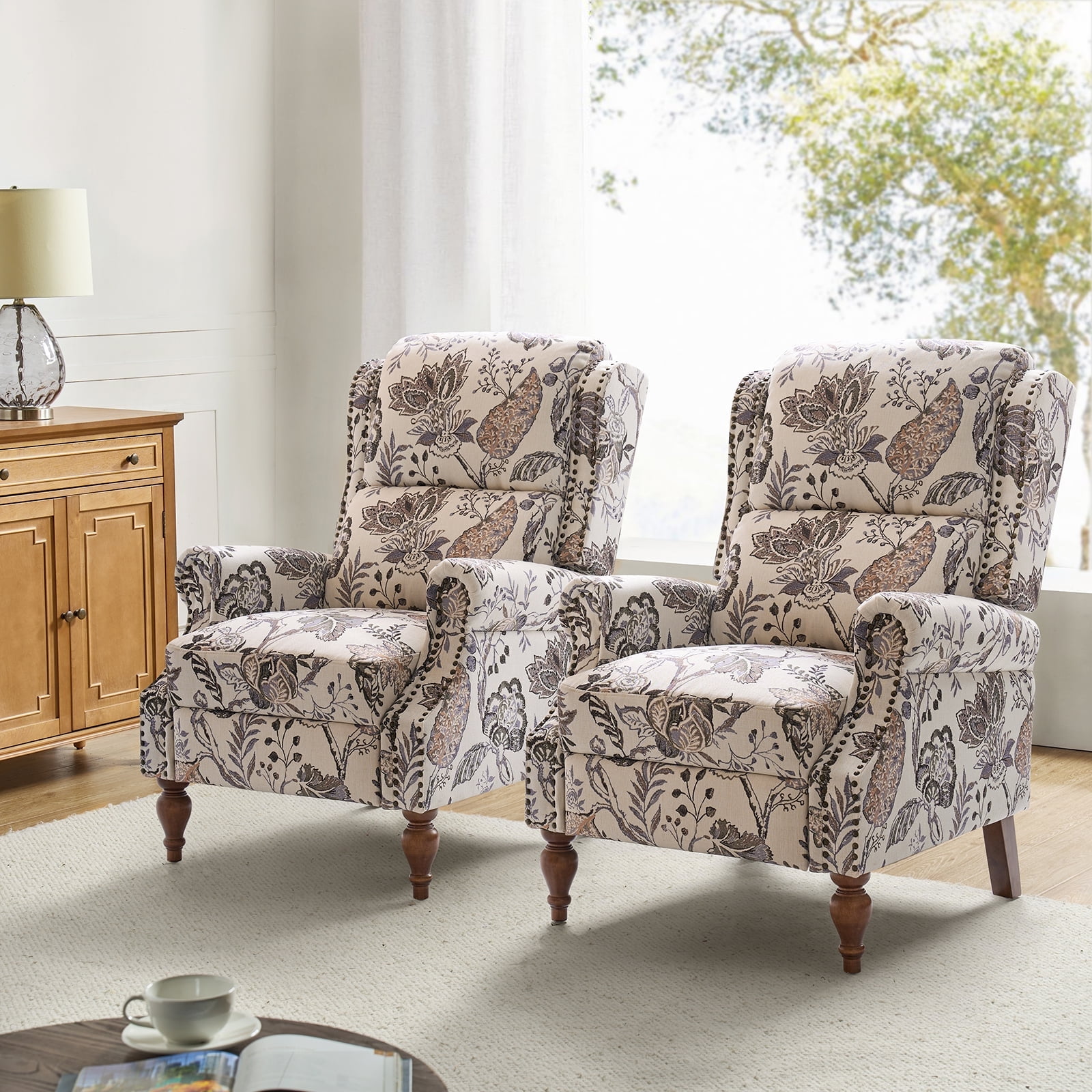 Pushback Recliner Chair Set of 2 Upholstered Floral Fabric Wingback ...