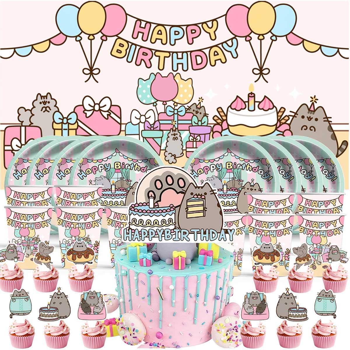 Pushee Cartoon Cat Birthday Cups Party Supplies Decor Backdrop Plates ...