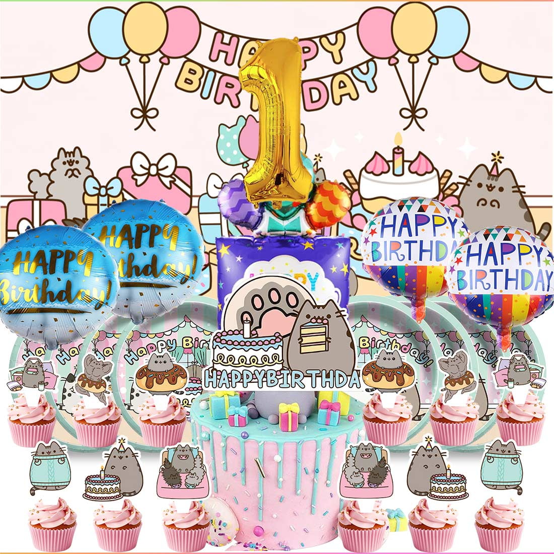 Pusheen Cat 1st Tableware Balloons Cake Toppers Backdrop Banner ...