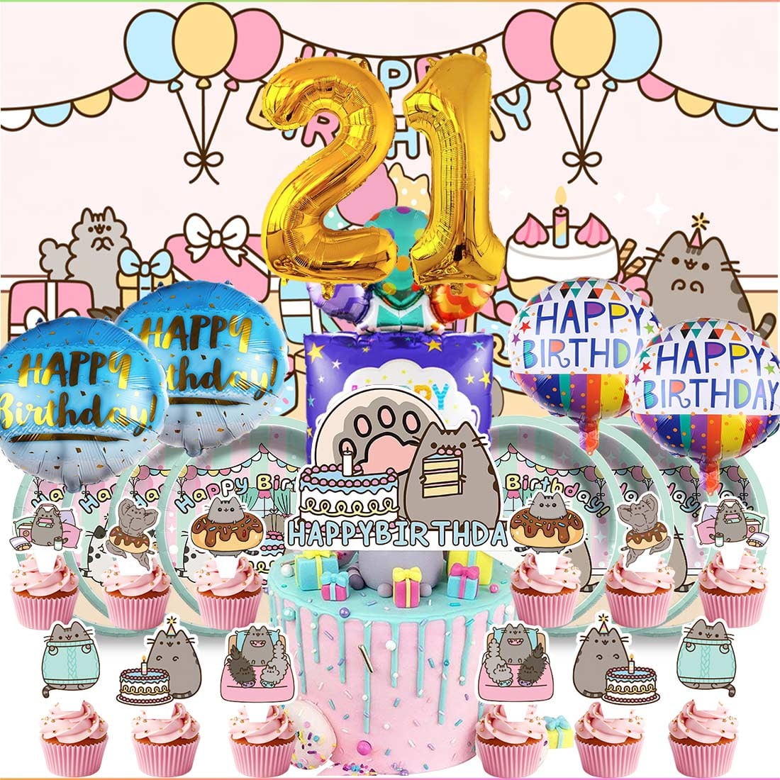 Pusheen Cat 21th Tableware Balloons Cake Toppers Backdrop Banner ...