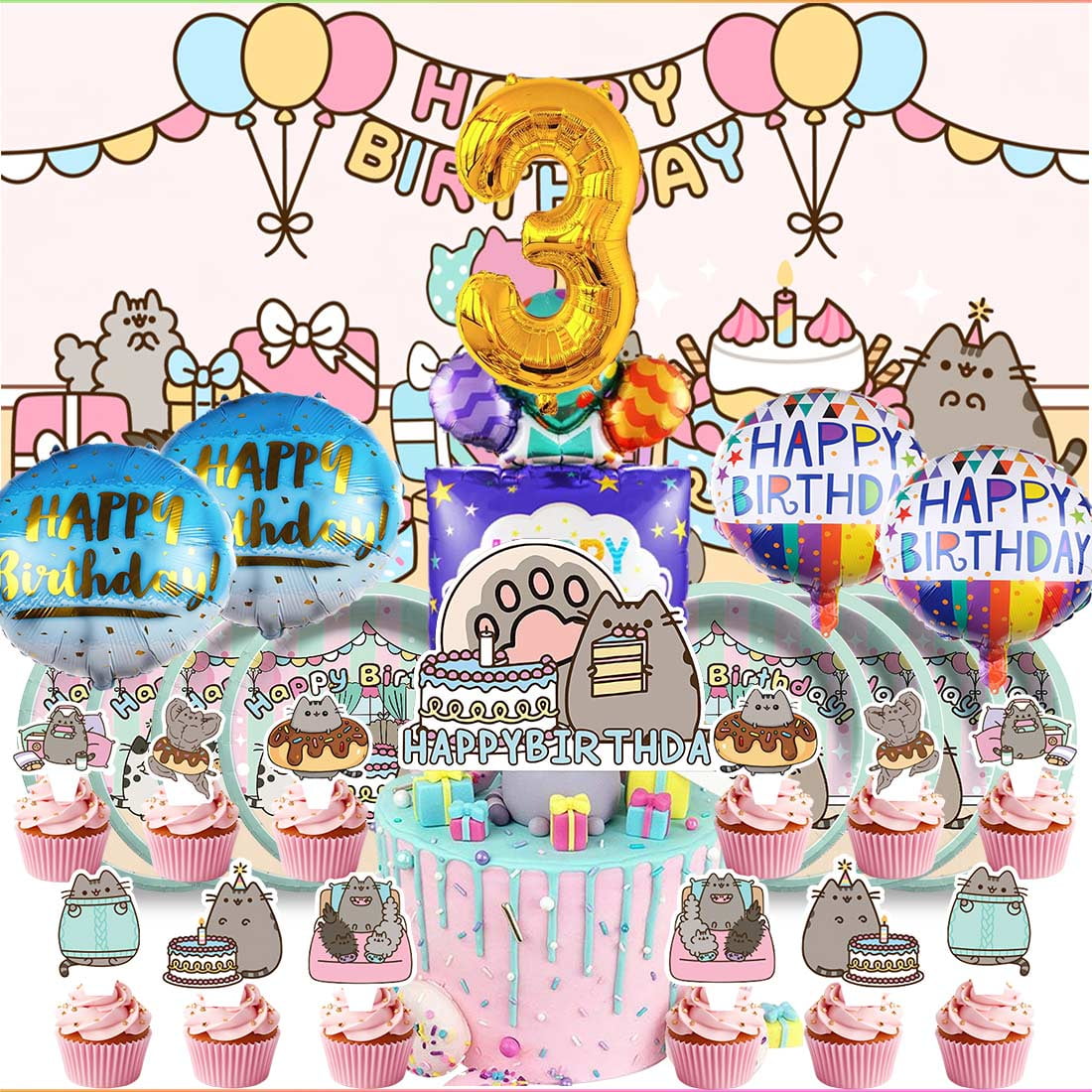 Pusheen Cat 3rd Tableware Balloons Cake Toppers Backdrop Banner ...